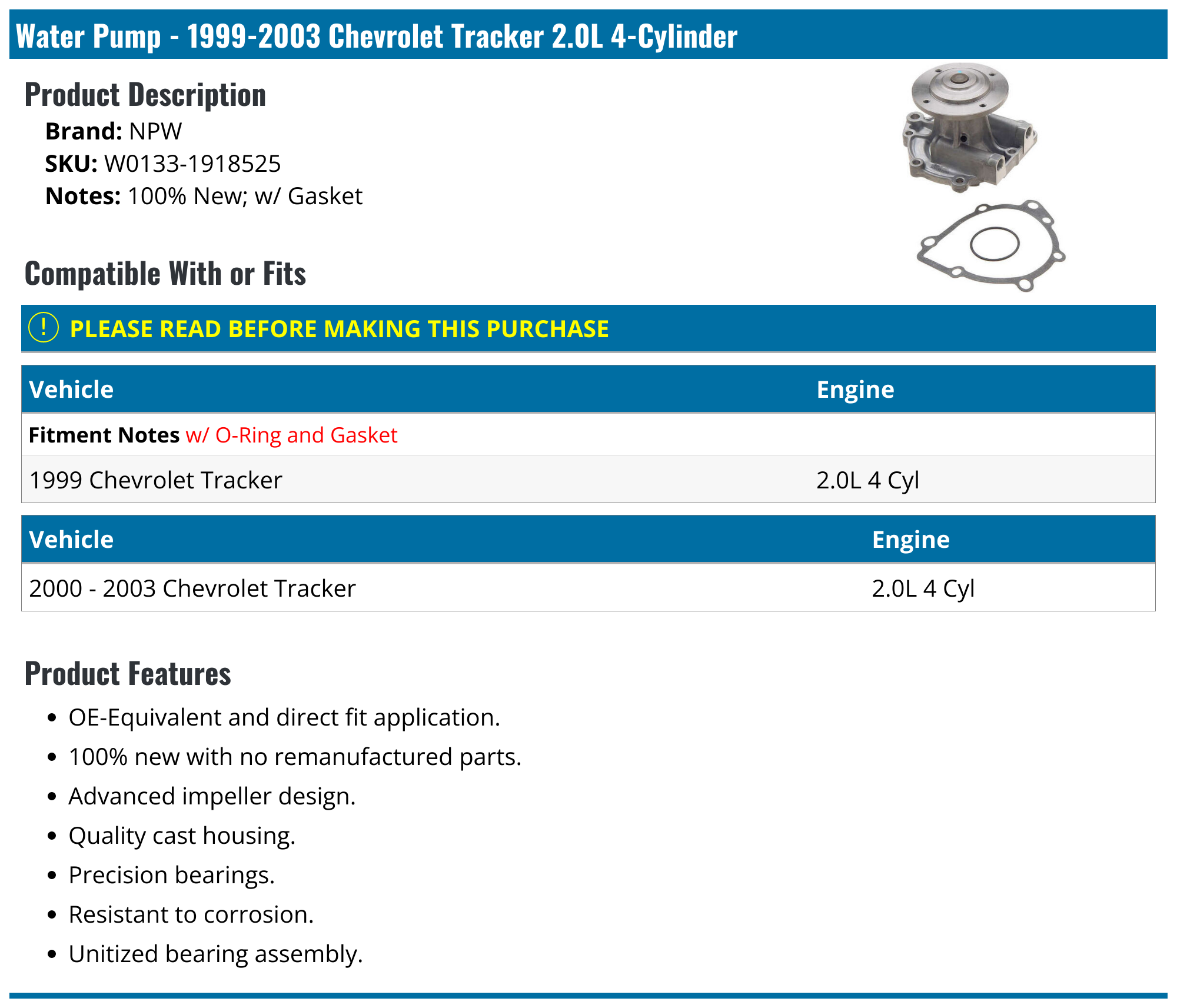 1999-2003 Chevrolet Tracker Water Pump - NPW W0133-1918525 - PartsGeek.com
