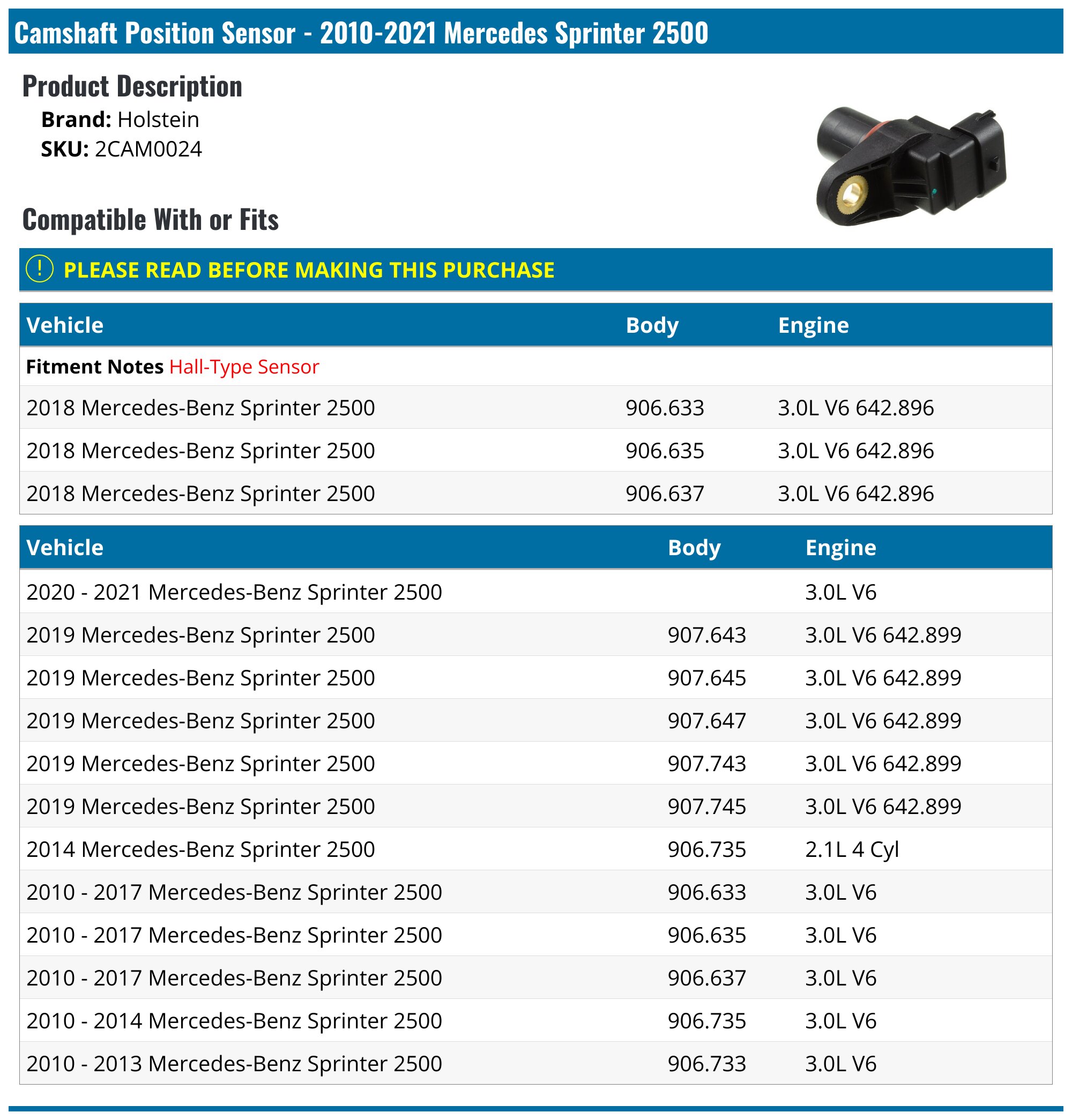 2010-2022 Mercedes Sprinter 2500 Camshaft Position Sensor - Holstein ...