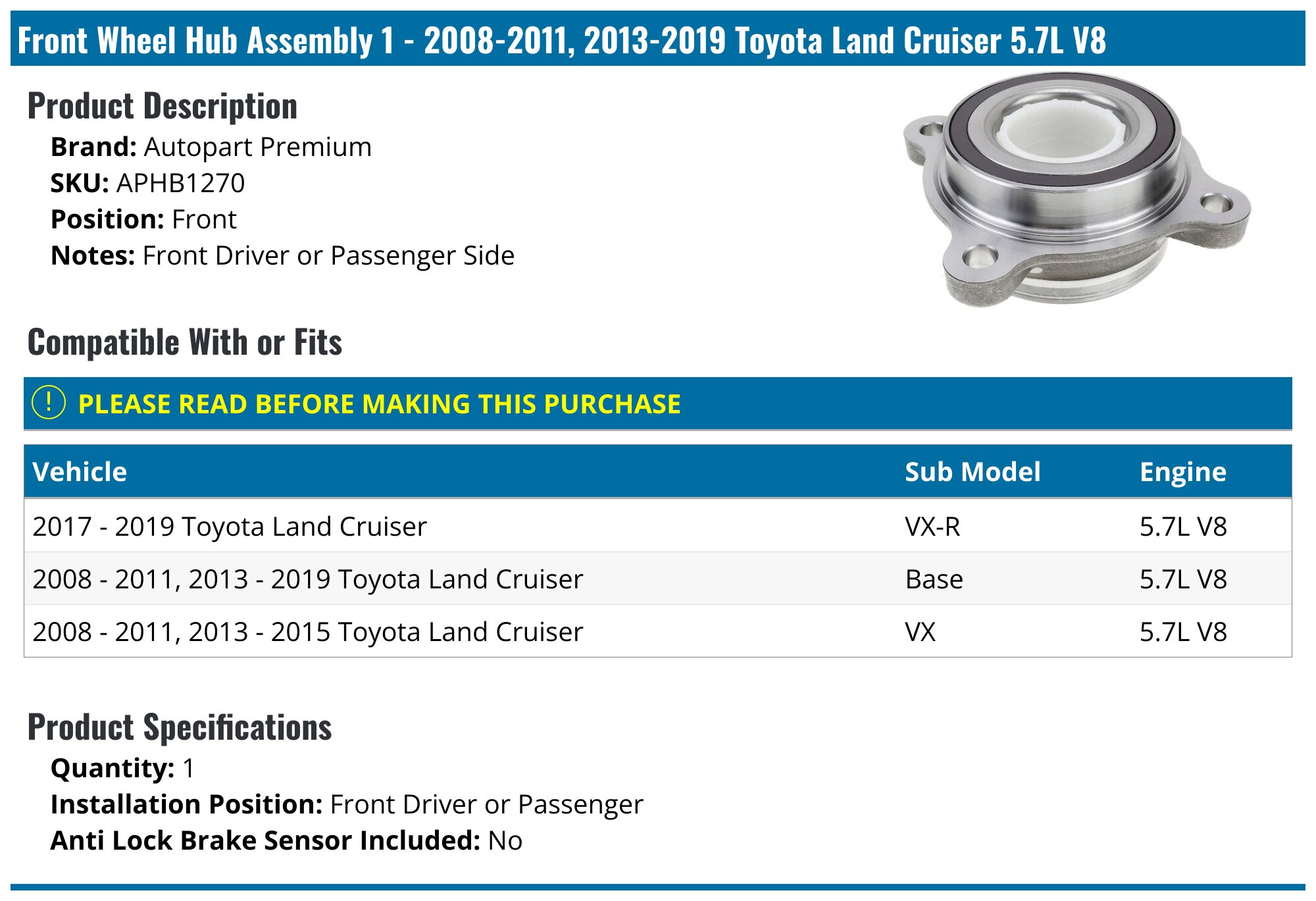 2008-2011, 2013-2019 Toyota Land Cruiser Wheel Hub Assembly - Autopart ...