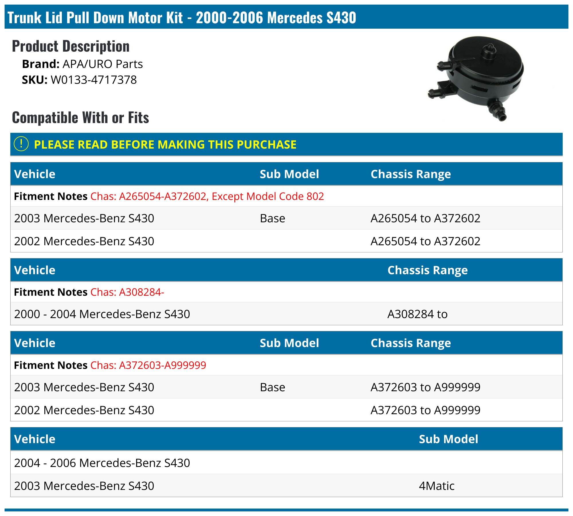 2000-2006 Mercedes S430 Trunk Lid Pull Down Motor Kit - APA/URO Parts ...