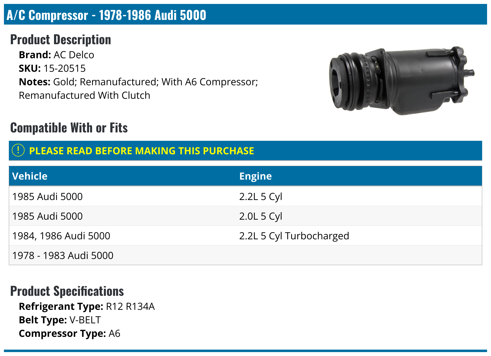 1978-1986 Audi 5000 A/C Compressor - AC Delco 15-20515 - PartsGeek.com