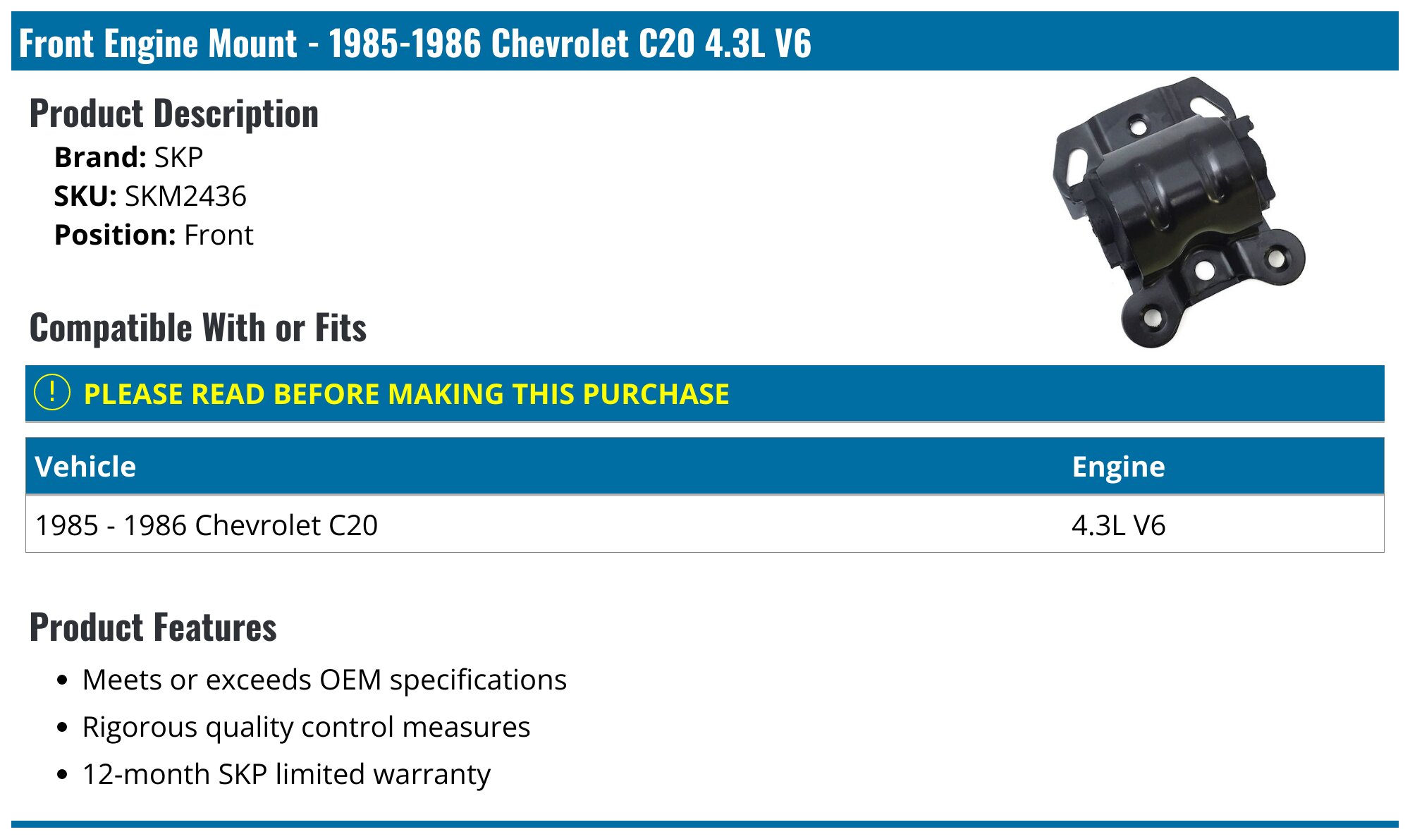 1985-1986 Chevrolet C20 Engine Mount - SKP SKM2436 - Front - PartsGeek.com