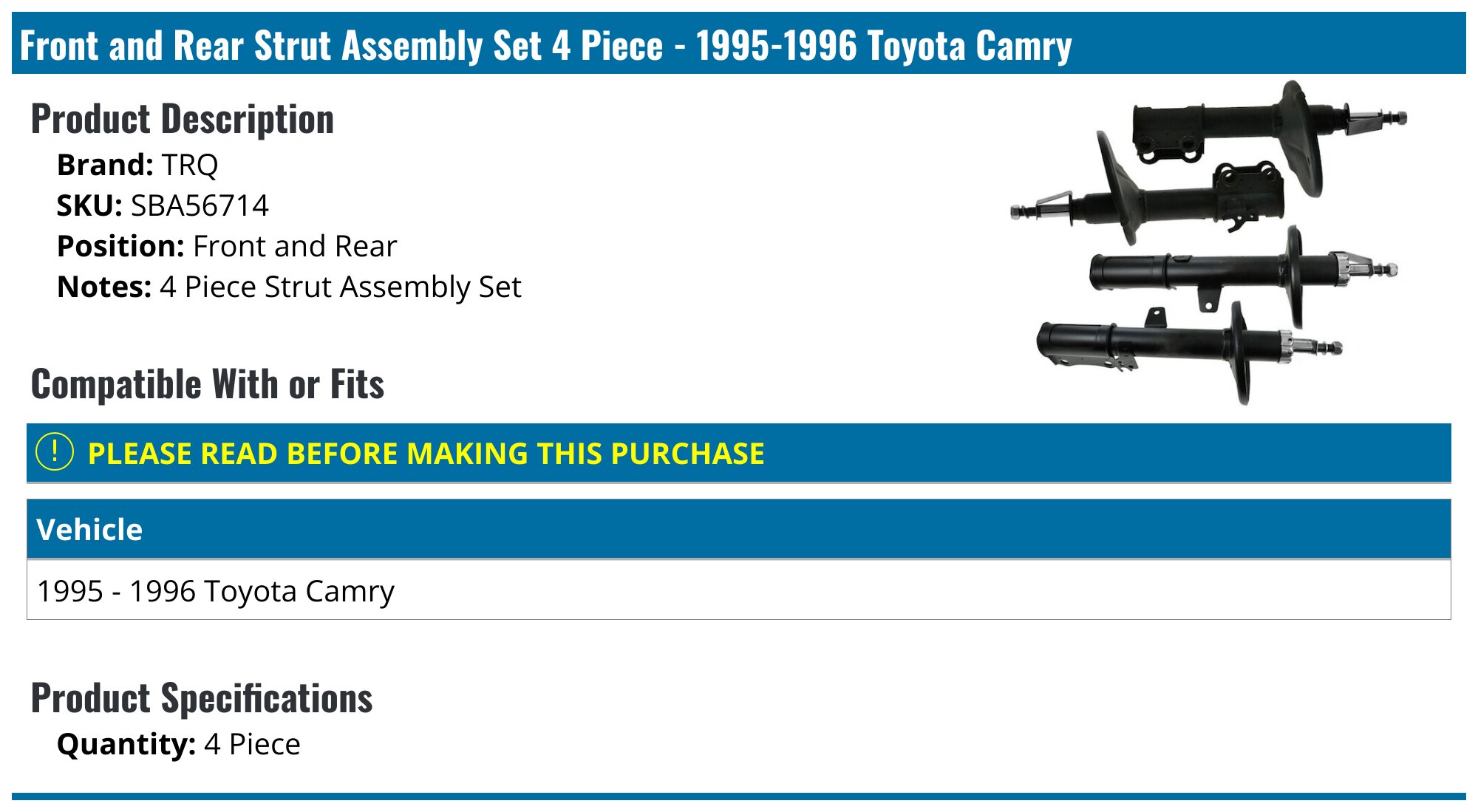 1995-1996 Toyota Camry Strut Assembly - TRQ SBA56714 - Front and Rear ...