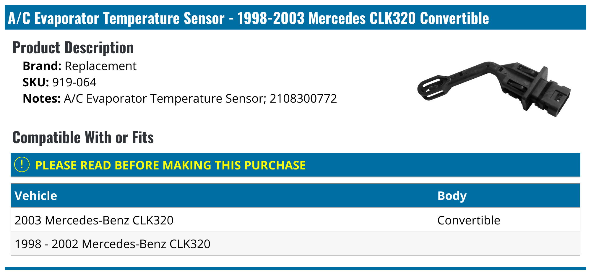 1998-2003 Mercedes CLK320 A/C Evaporator Temperature Sensor ...