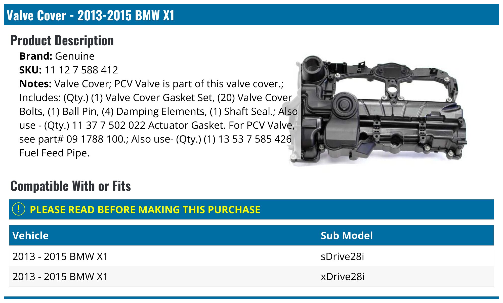 2012-2015 BMW X1 Valve Cover - Genuine 11 12 7 588 412 - PartsGeek.com