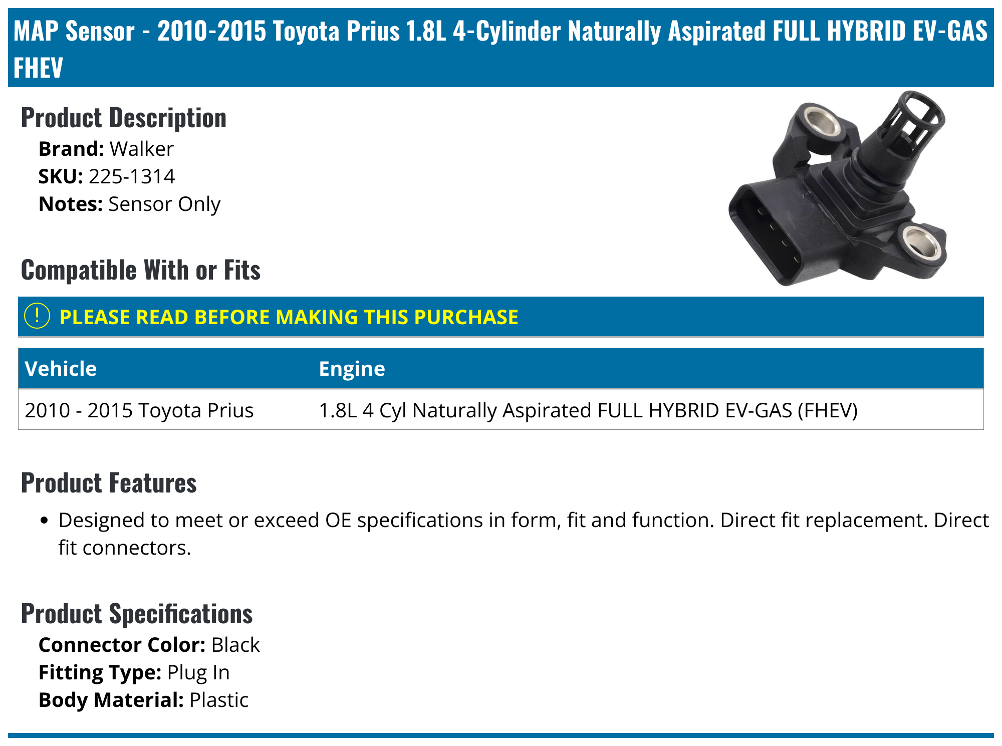 2010-2015 Toyota Prius MAP Sensor - Walker 225-1314 - PartsGeek.com