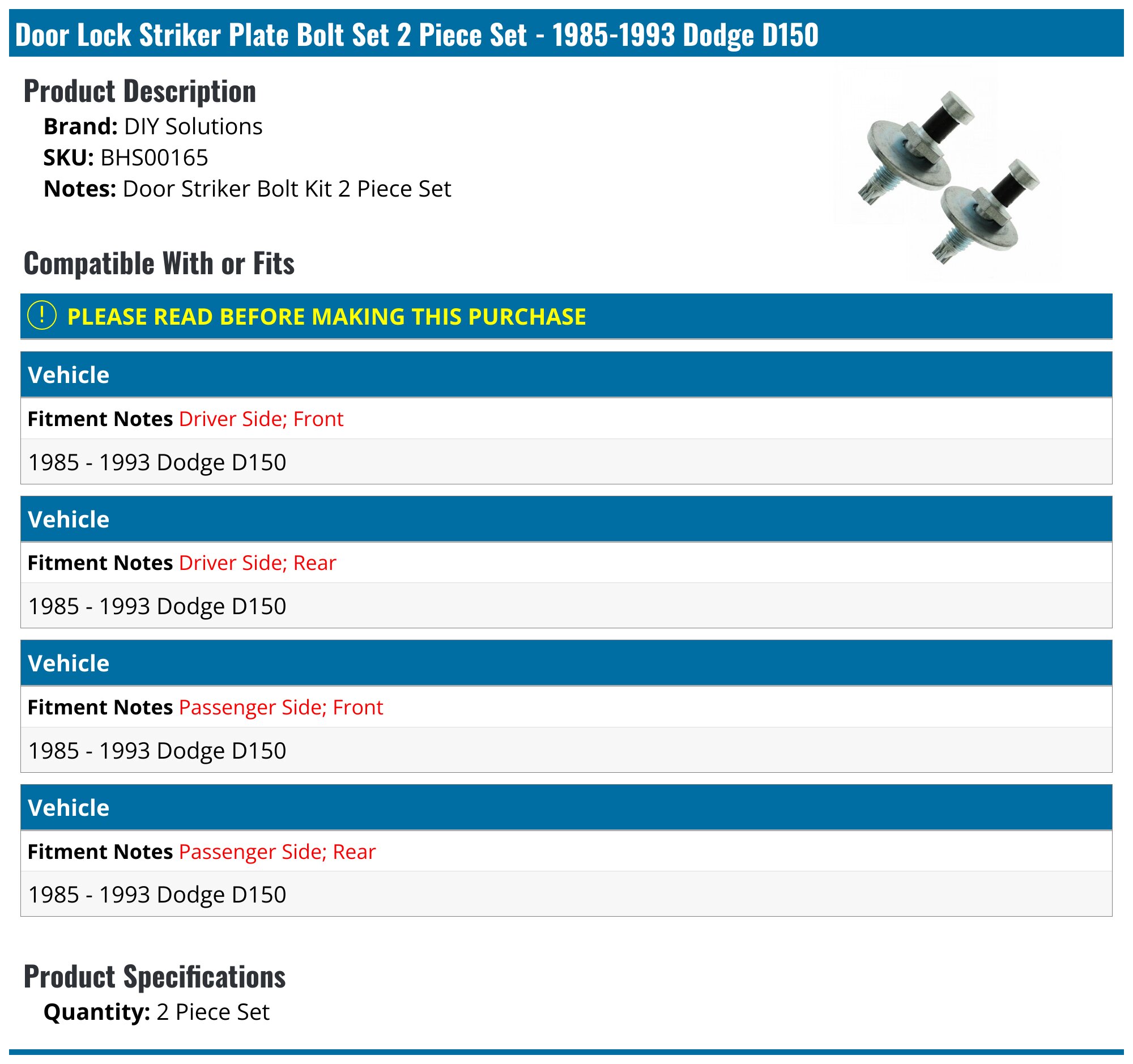 1985-1993 Dodge D150 Door Lock Striker Plate Bolt - DIY Solutions ...