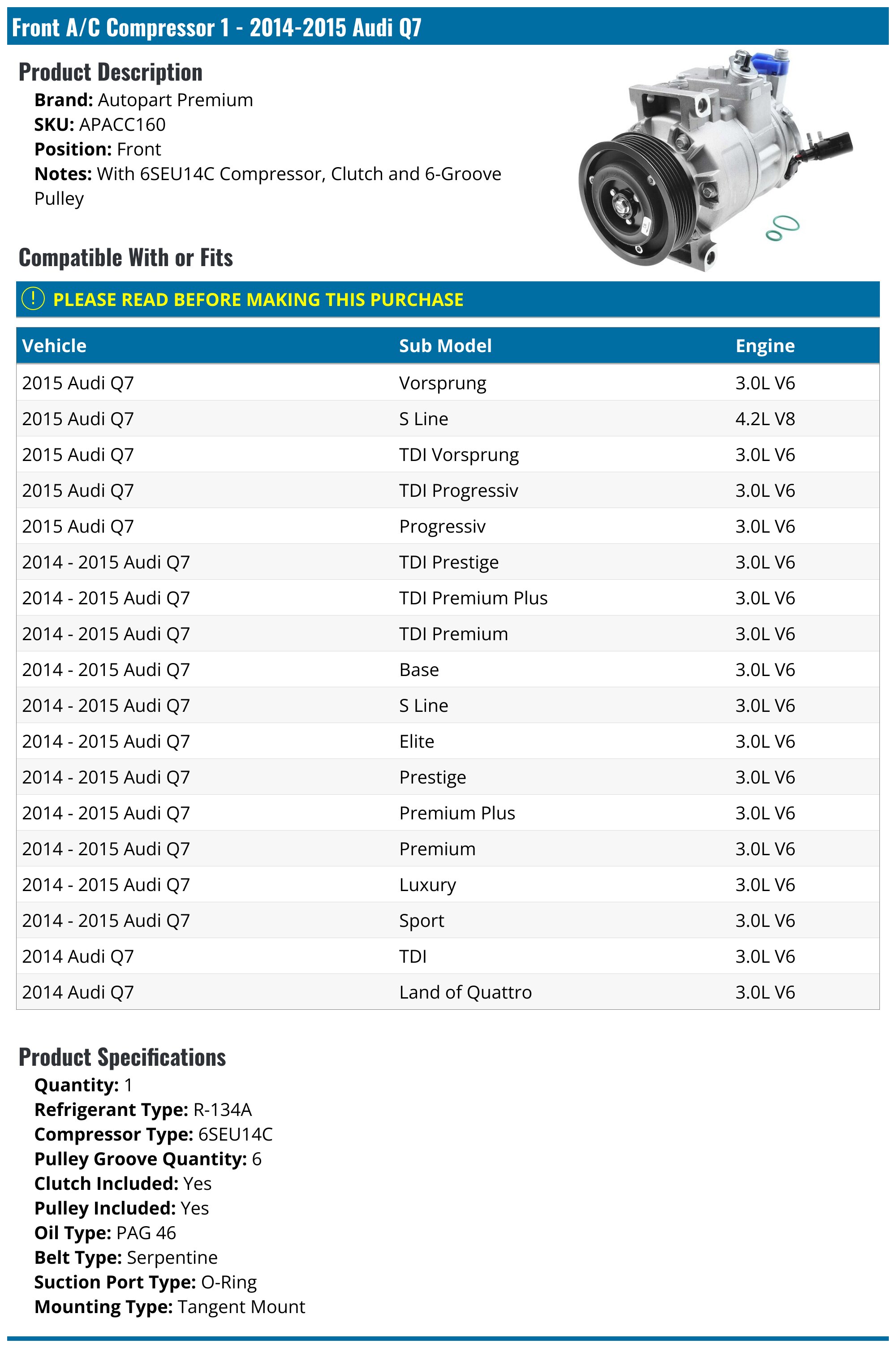2014-2015 Audi Q7 A/C Compressor - Autopart Premium APACC160 - Front ...