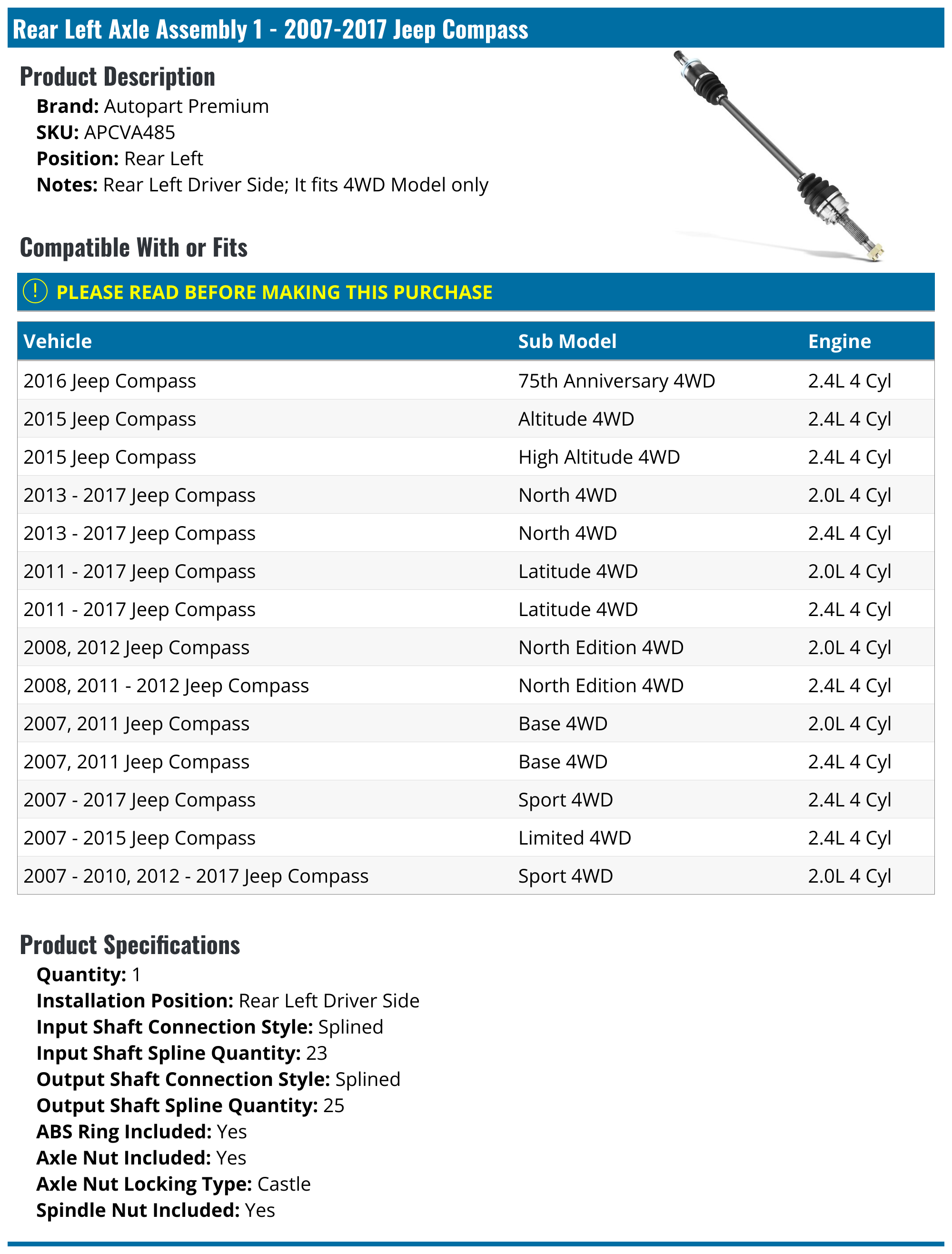 2007-2017 Jeep Compass Axle Assembly - Autopart Premium APCVA485 - Rear ...