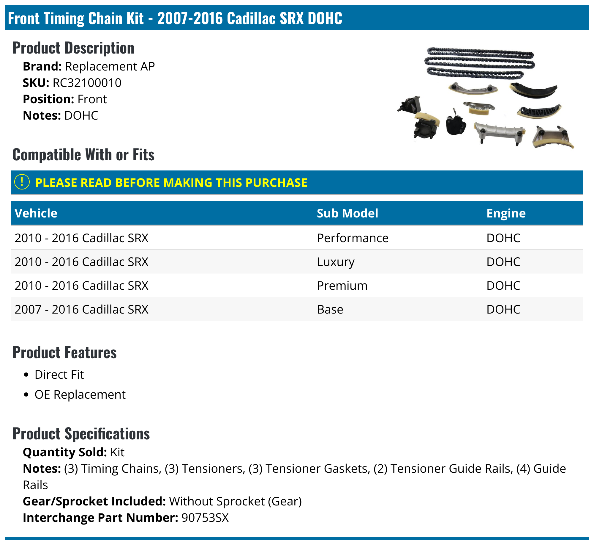 2007-2016 Cadillac SRX Timing Chain - Replacement AP RC32100010 ...