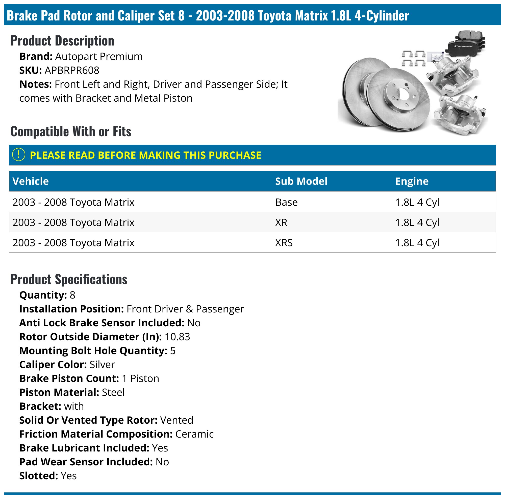 2003-2008 Toyota Matrix Brake Rotor - Autopart Premium APBRPR608 ...