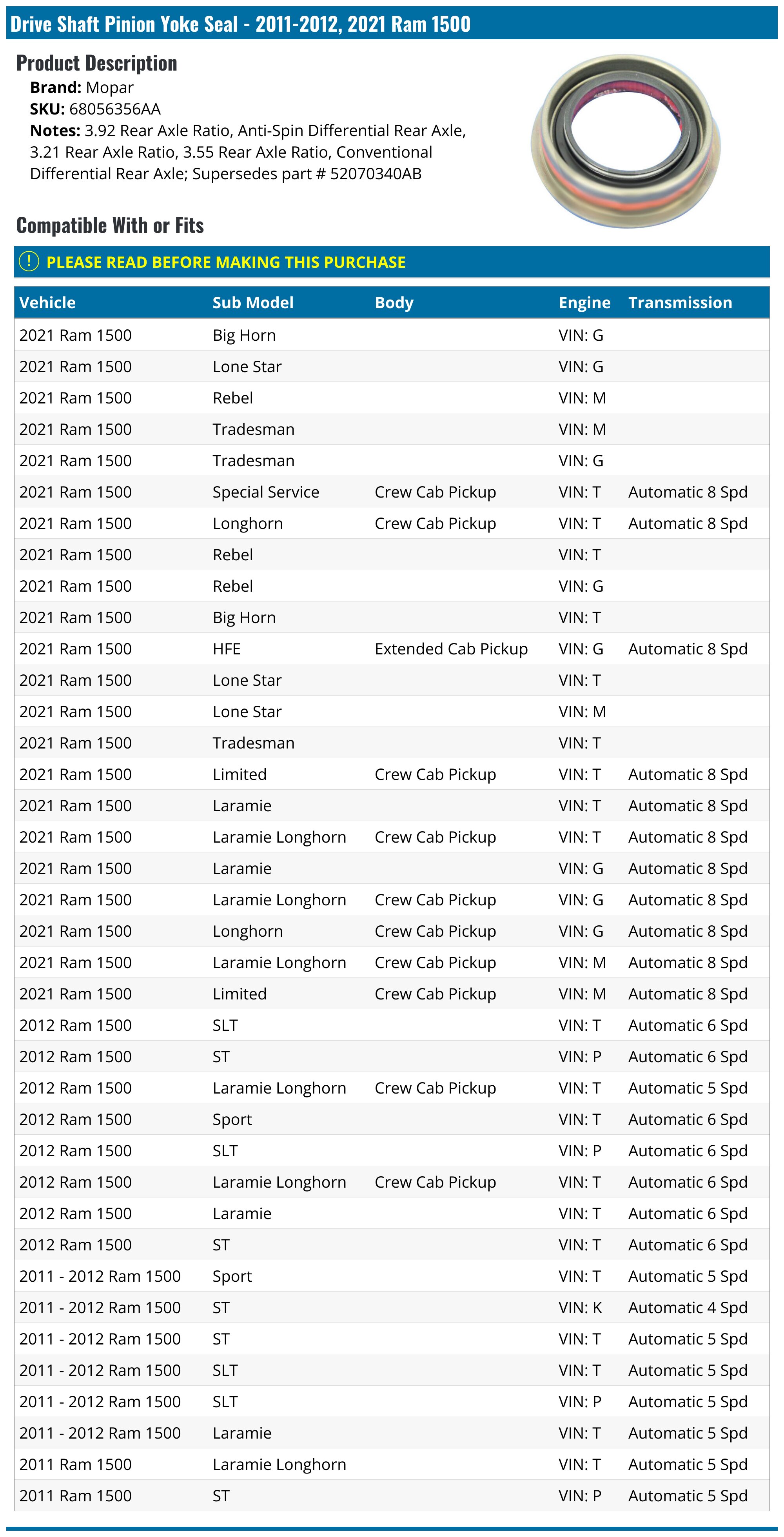 2011-2012 Ram 1500 Drive Shaft Pinion Yoke Seal - Mopar 68056356AA ...