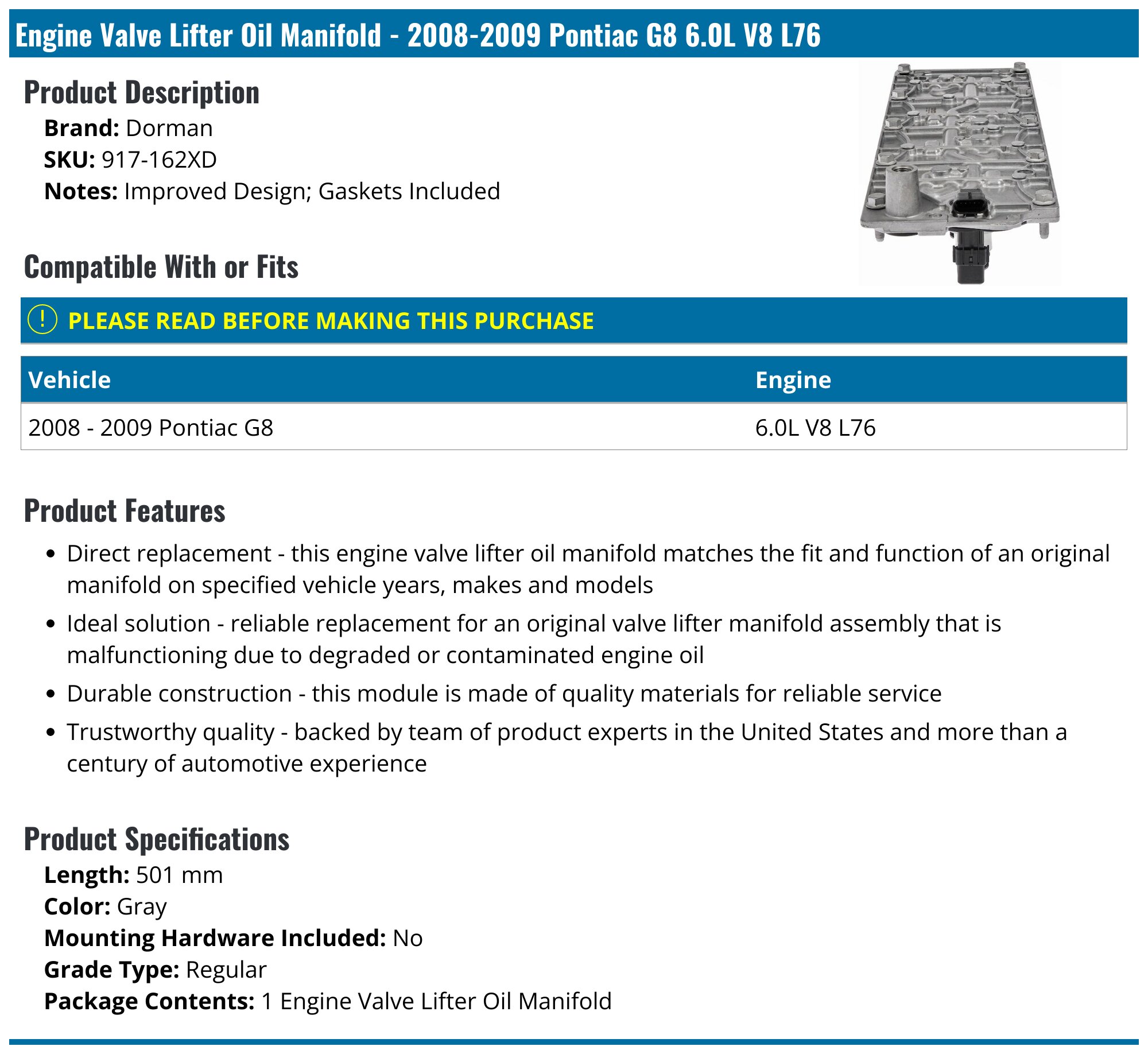 2008-2009 Pontiac G8 Engine Valve Lifter Oil Manifold - Dorman 917 ...