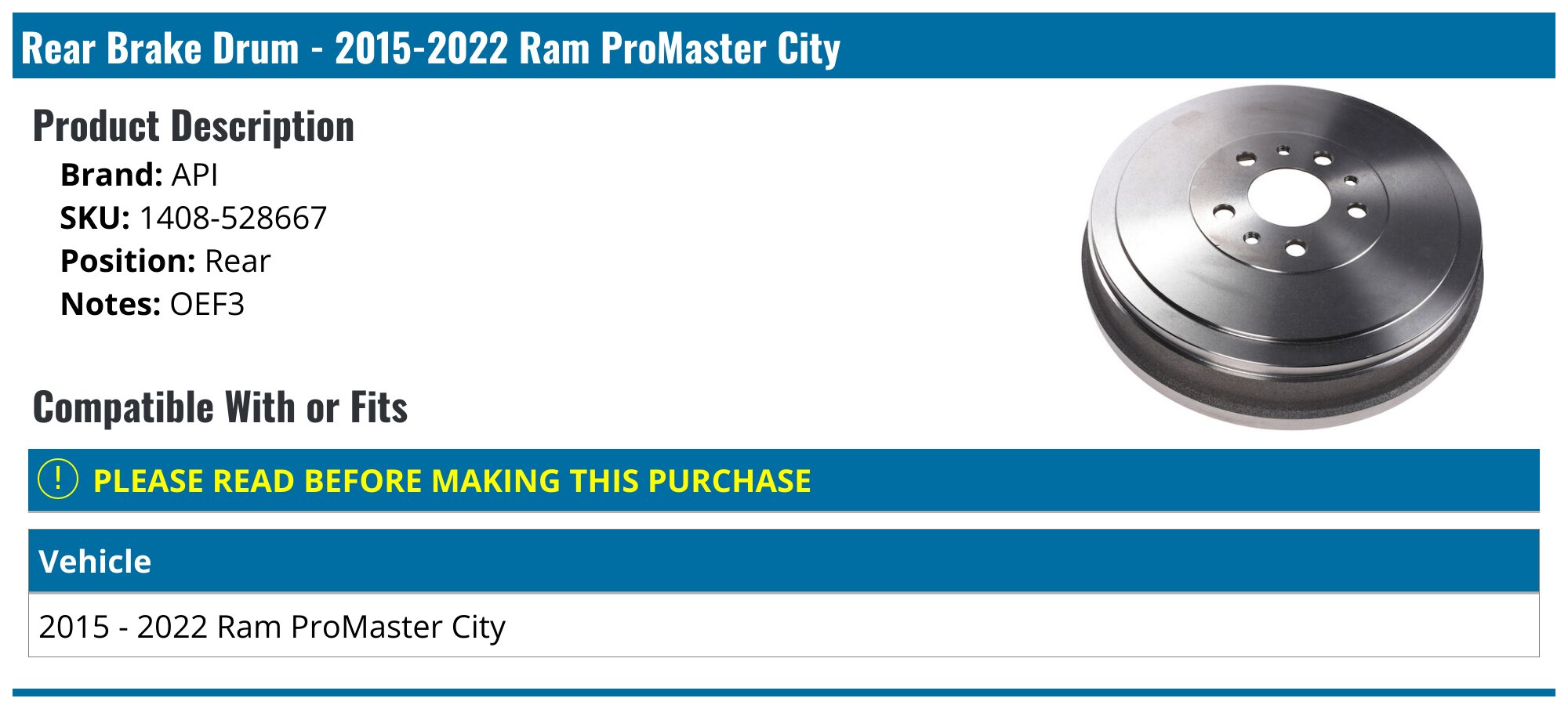 2015-2022 Ram ProMaster City Brake Drum - API 131161-07974121 - Rear ...