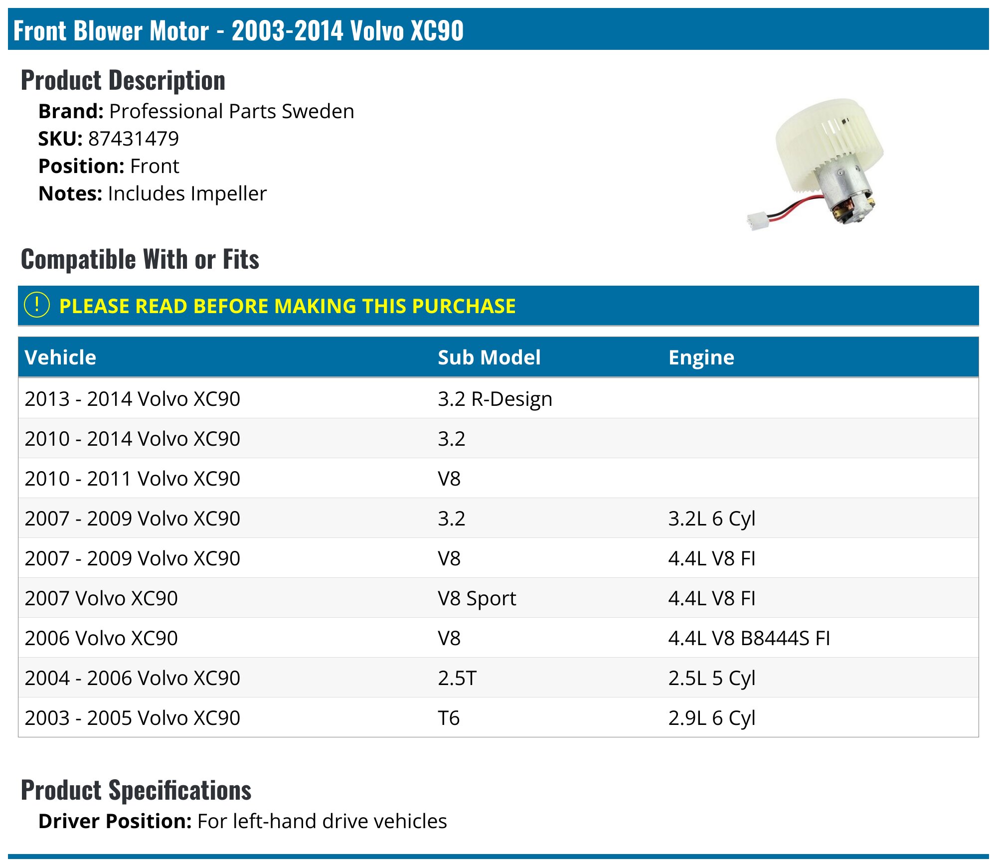 2003-2014 Volvo XC90 Blower Motor - Professional Parts Sweden 87431479 ...