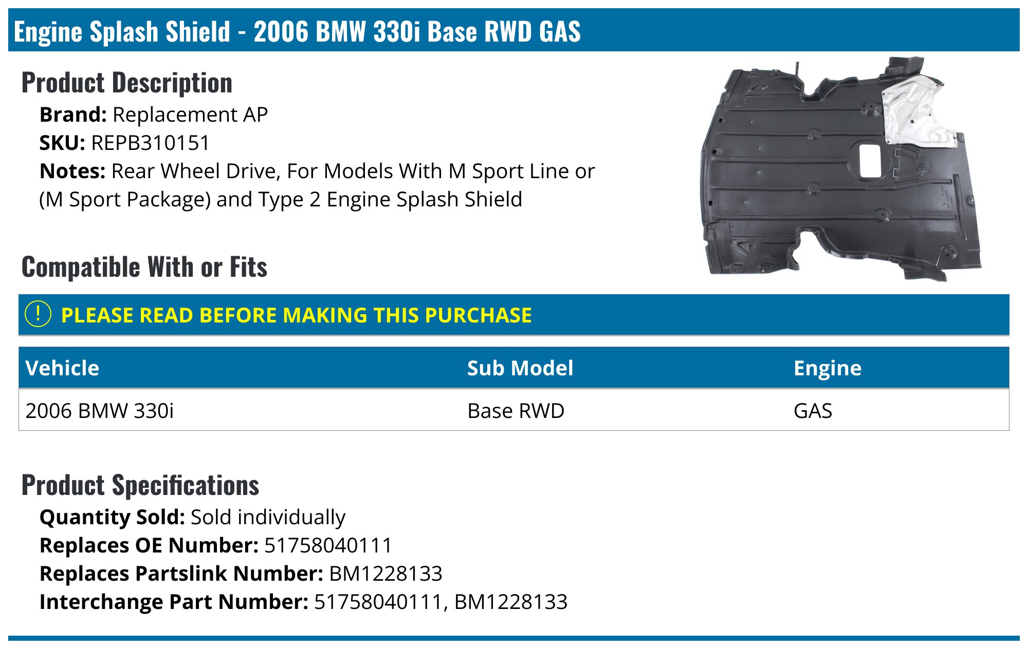 2006 BMW 330i Lower Engine Cover - Replacement AP REPB310151 ...