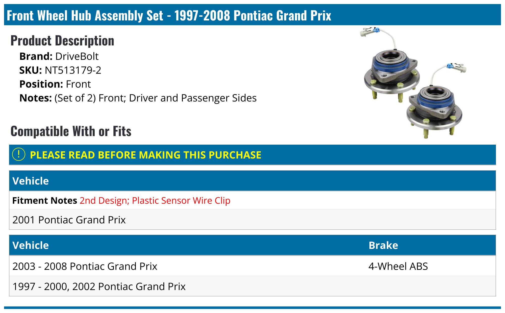 1997-2008 Pontiac Grand Prix Wheel Hub Assembly - DriveBolt NT513179-2 ...