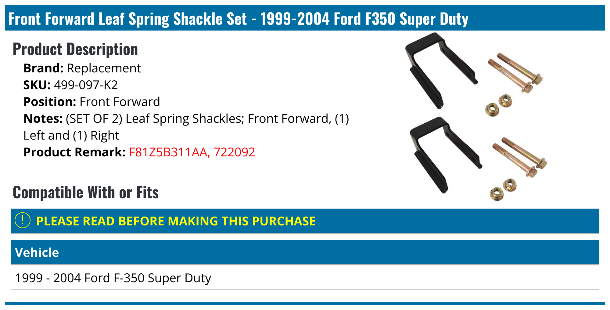 1999-2004 Ford F350 Super Duty Leaf Spring Shackle - Replacement 499 ...