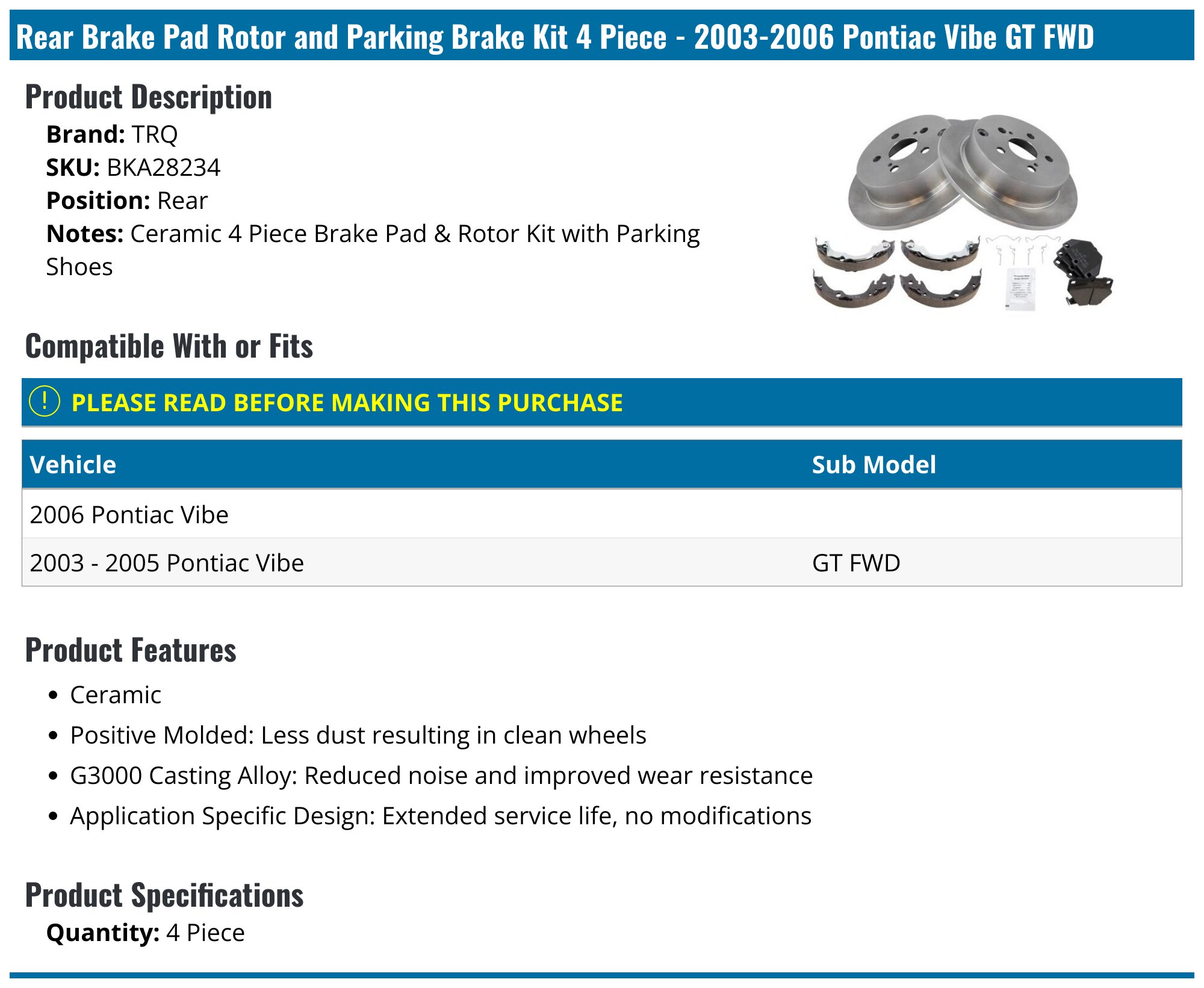 2003-2006 Pontiac Vibe Brake Rotor - TRQ BKA28234 - Rear - PartsGeek.com