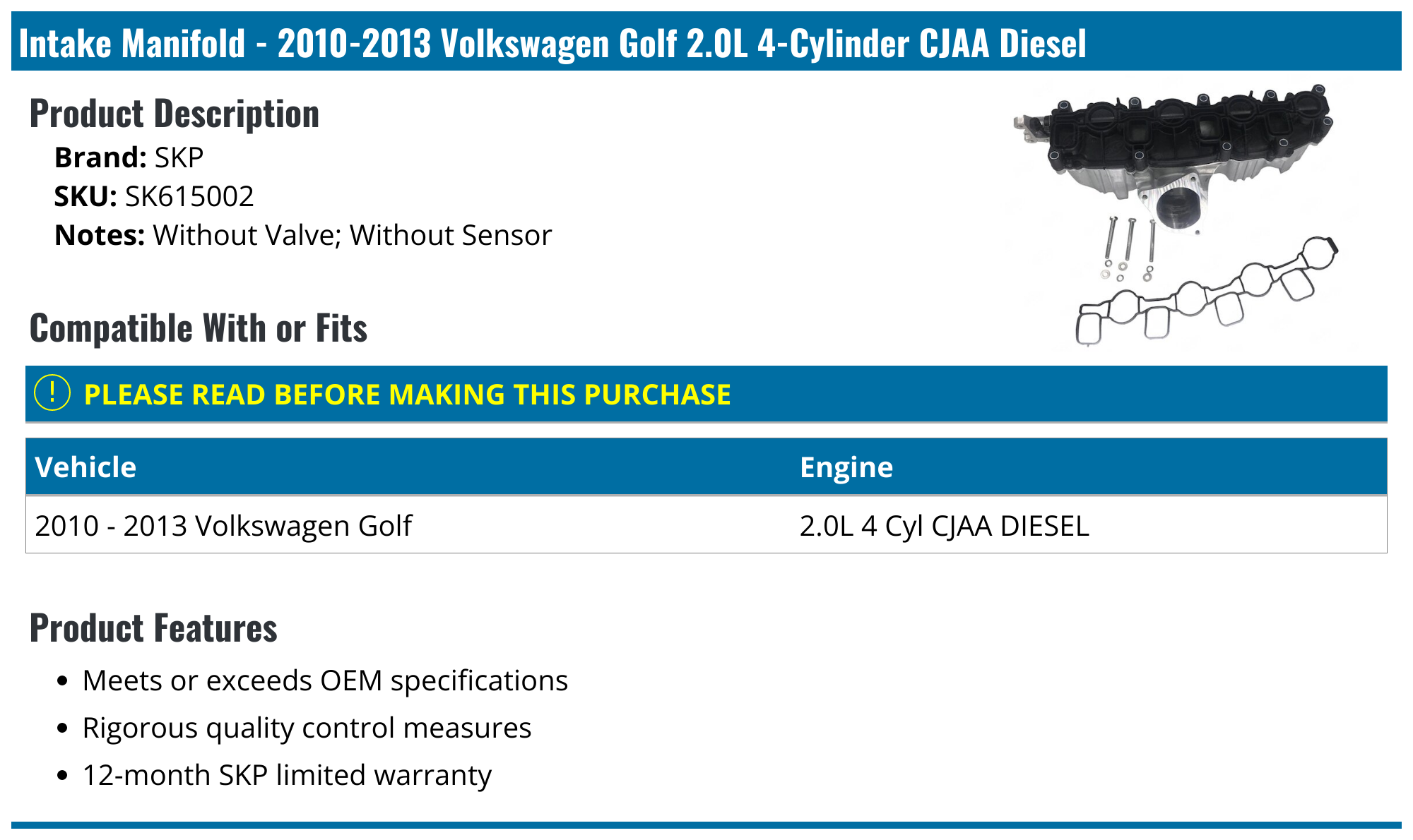 2010-2013 Volkswagen Golf Intake Manifold - SKP SK615002 - PartsGeek.com