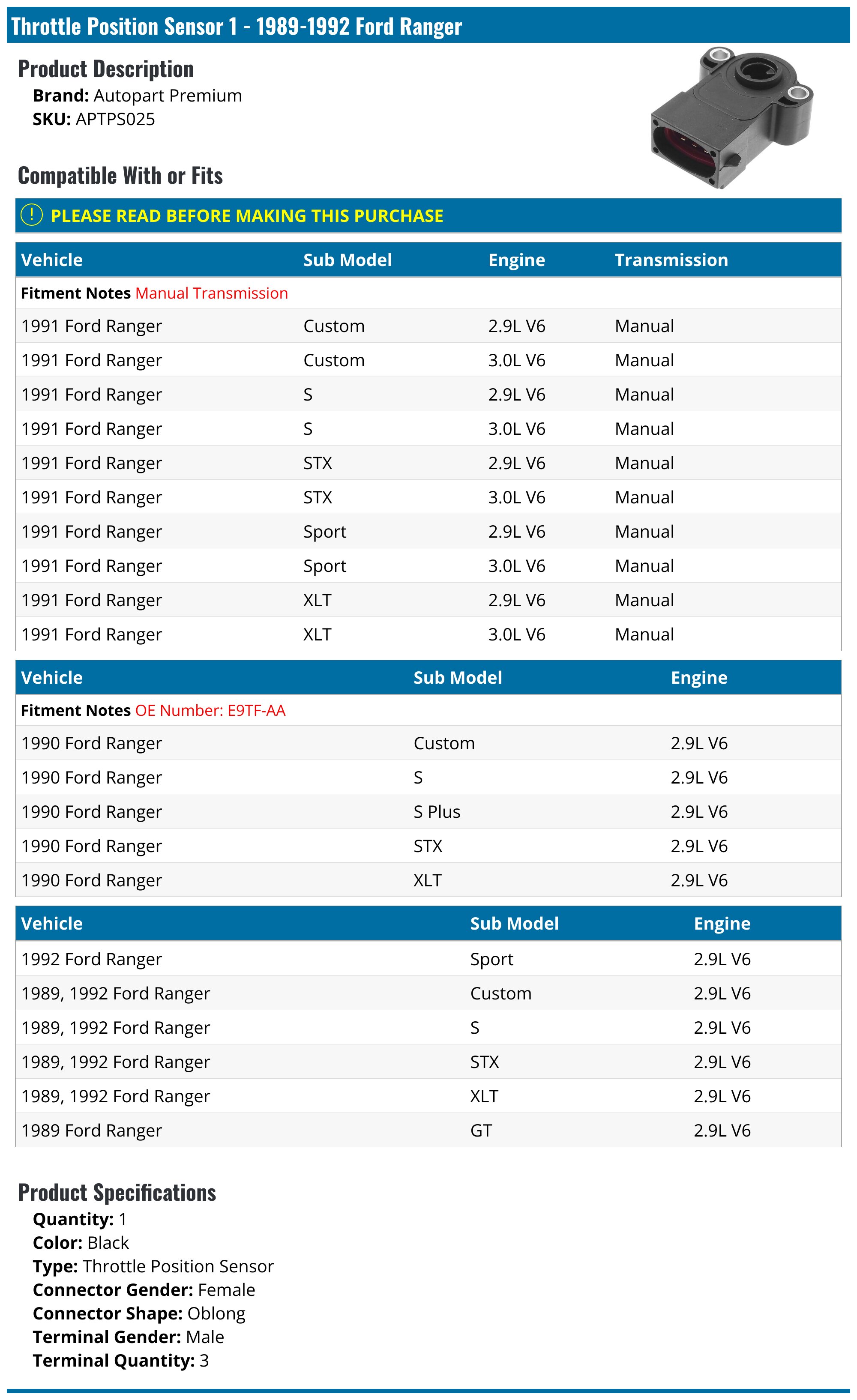 1989-1992 Ford Ranger Throttle Position Sensor - Autopart Premium ...