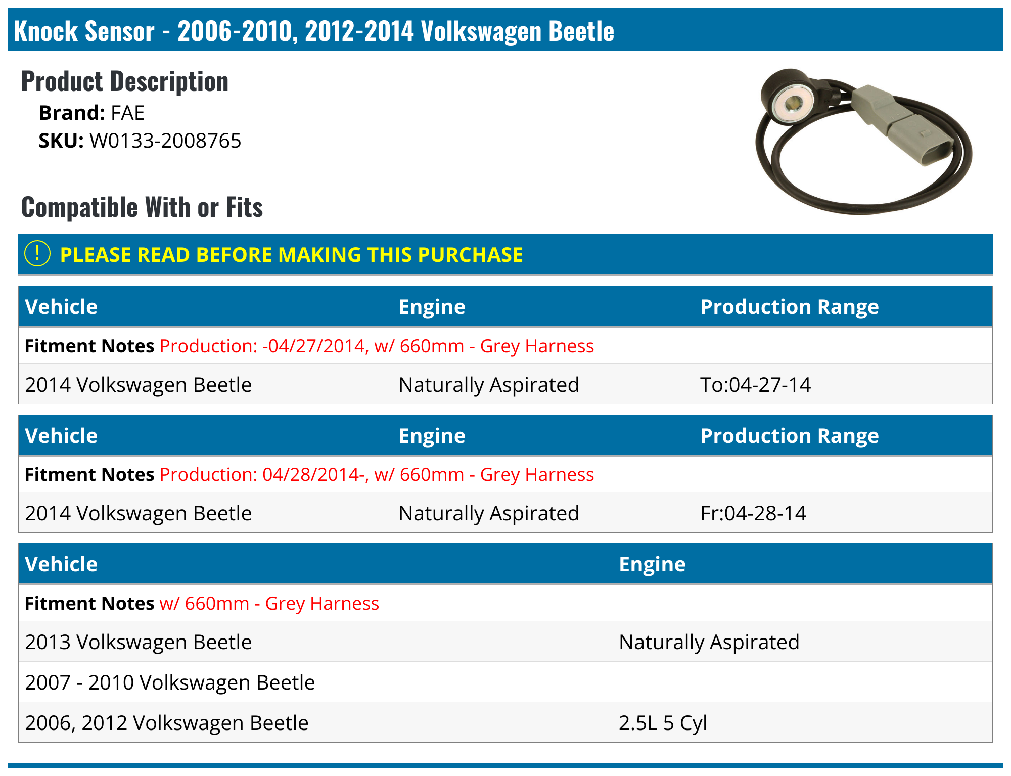 2006-2010, 2012-2014 Volkswagen Beetle Knock Sensor - FAE W0133-2008765 ...