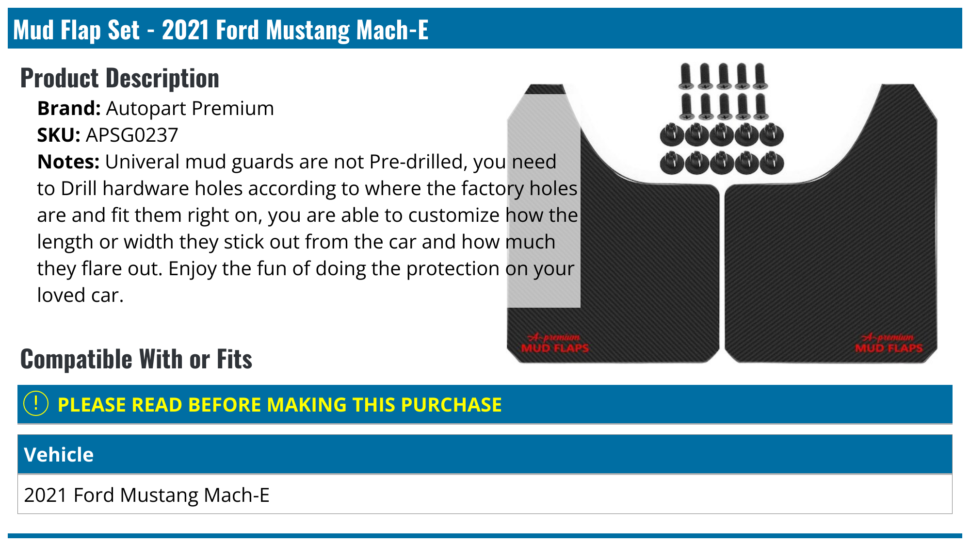 2021-2022 Ford Mustang Mach-E Mud Flap Kit - Autopart Premium APSG0237 ...