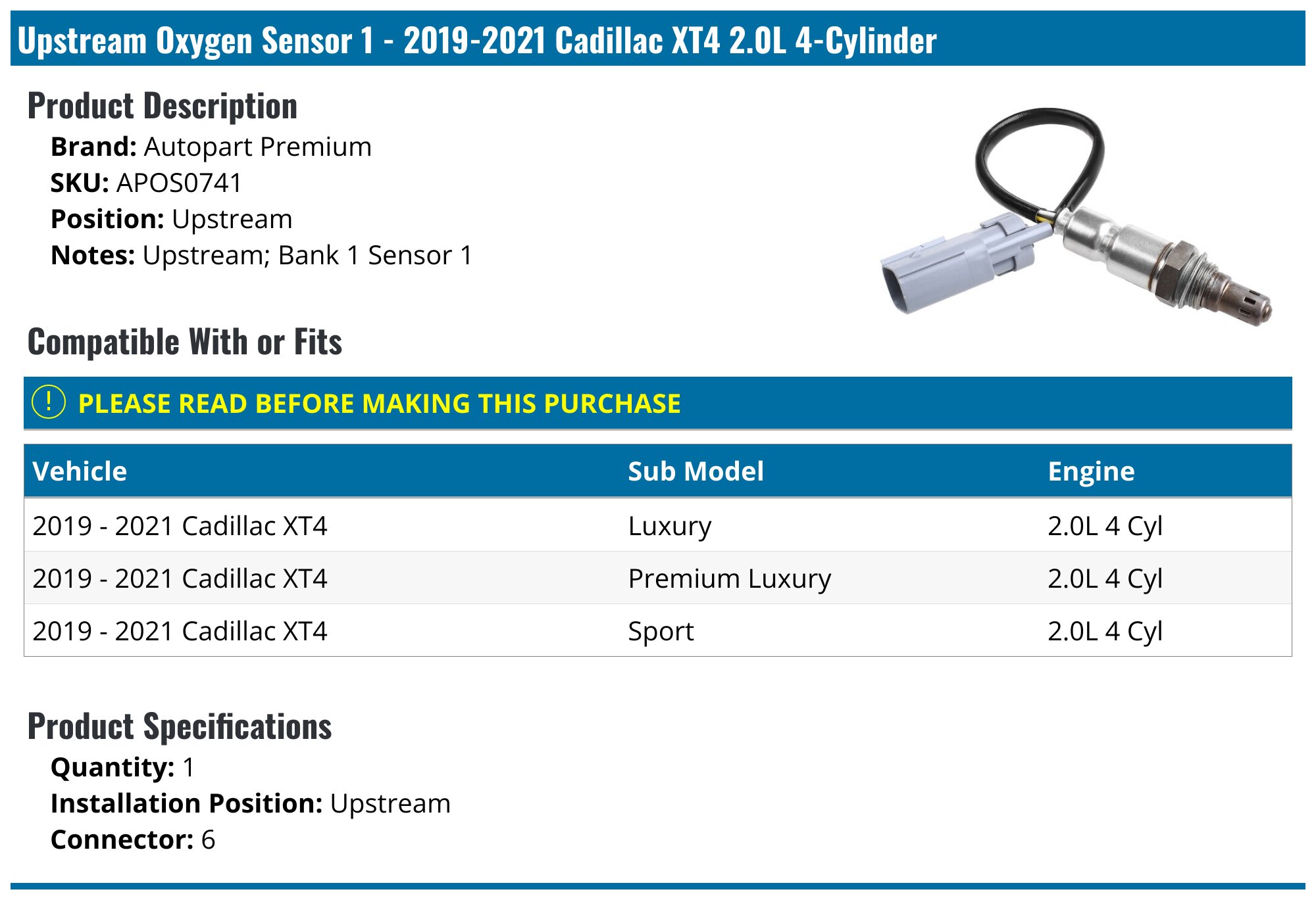 2019-2021 Cadillac XT4 Oxygen Sensor - Autopart Premium APOS0741 ...