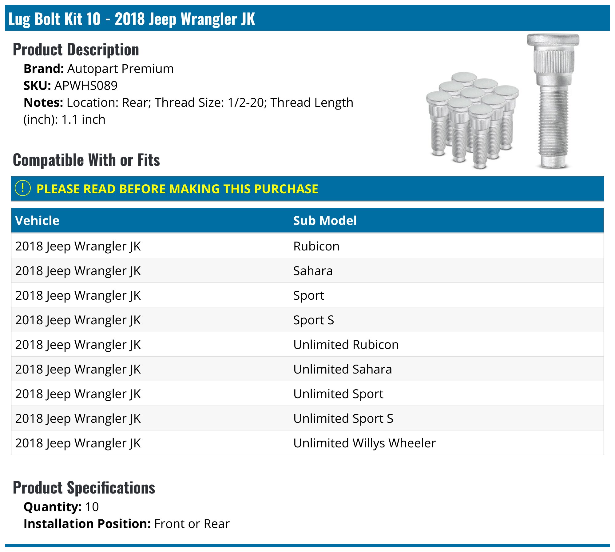2018 Jeep Wrangler JK Lug Bolt - Autopart Premium APWHS089 - Rear ...