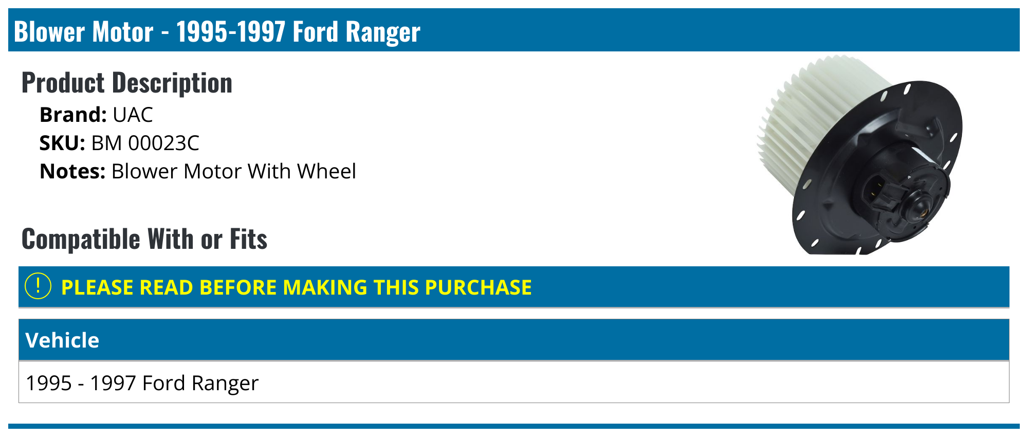 1995-1997 Ford Ranger Blower Motor - UAC BM 00023C - - PartsGeek.com
