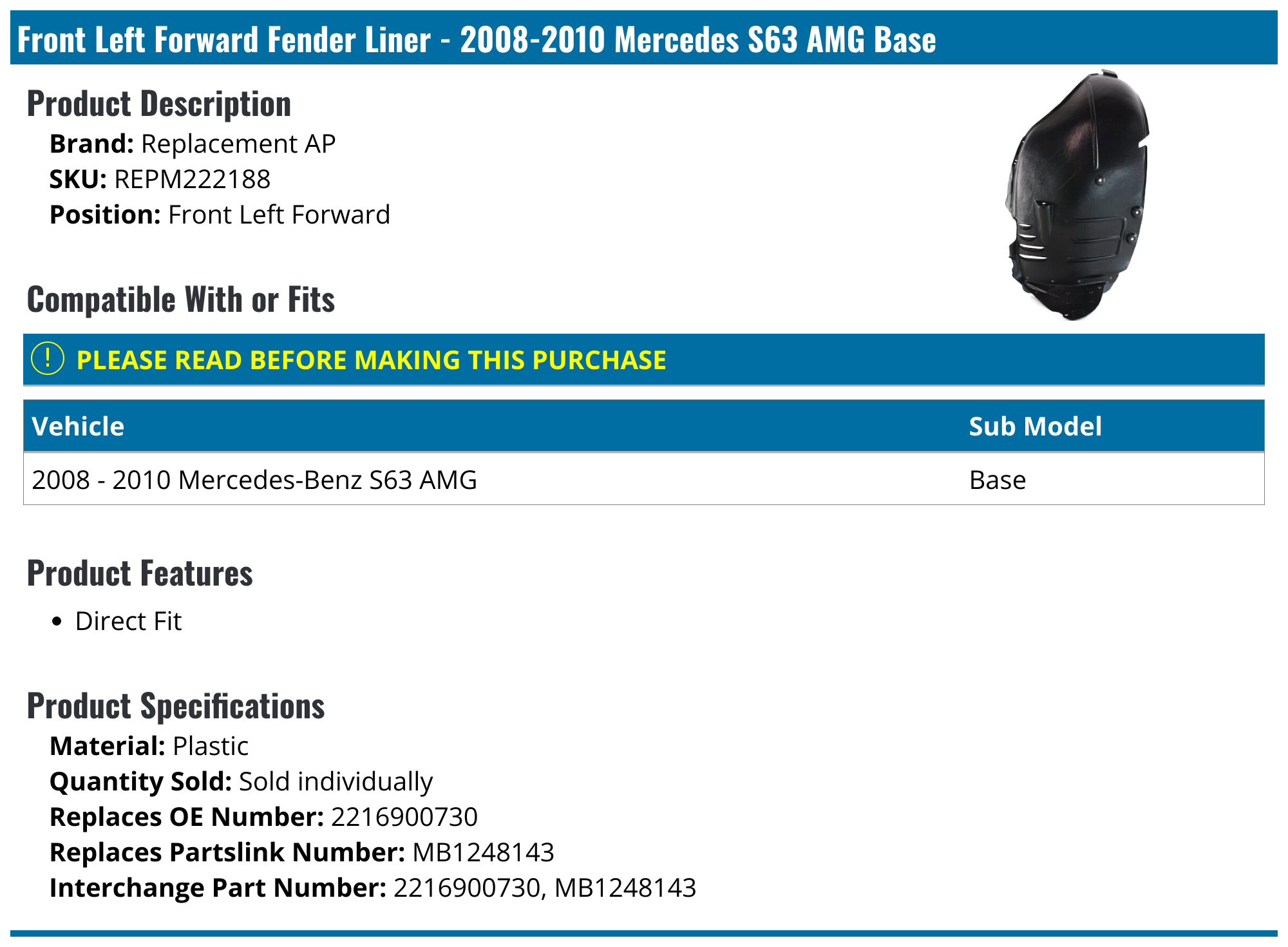 2008-2010 Mercedes S63 AMG Fender Liner - Replacement AP REPM222188 ...