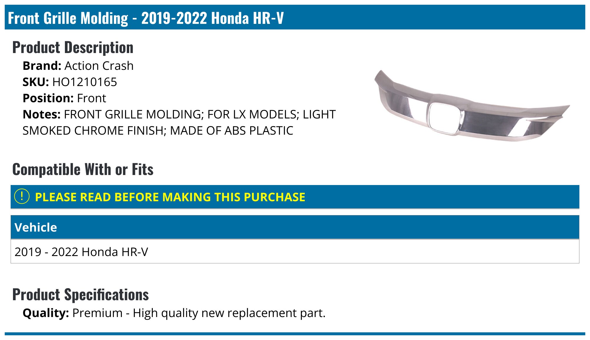 2019-2022 Honda HR-V Grille Molding - Action Crash HO1210165 - Front ...