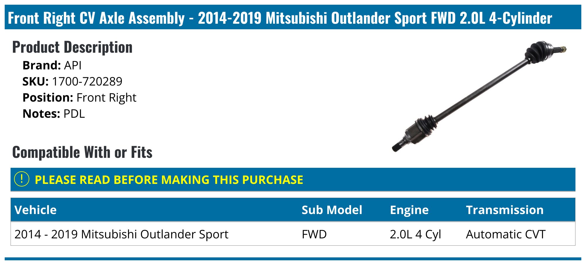 2014-2019, 2021 Mitsubishi Outlander Sport Axle Assembly - API 128207 ...