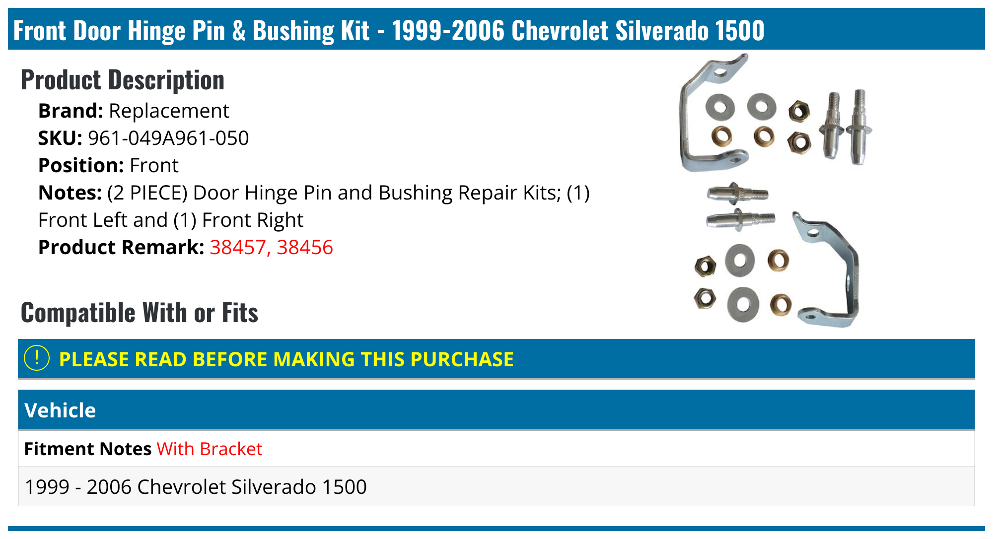 1999-2006 Chevrolet Silverado 1500 Door Hinge - Replacement 961-049A961 ...