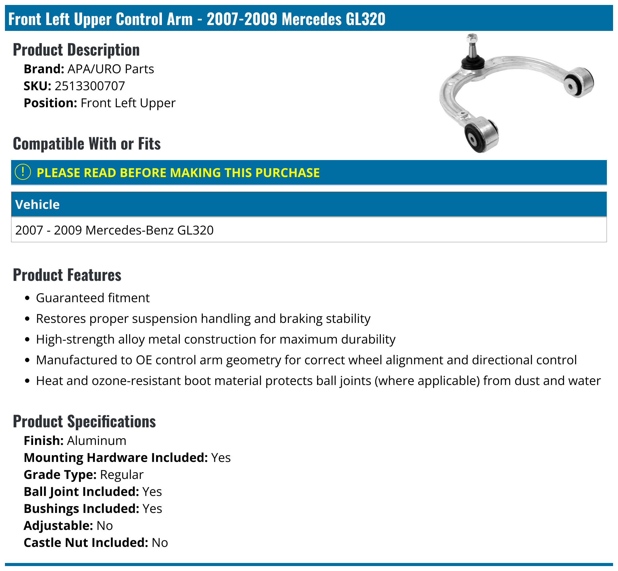 2007-2009 Mercedes GL320 Control Arm - APA/URO Parts 2513300707 - Front ...