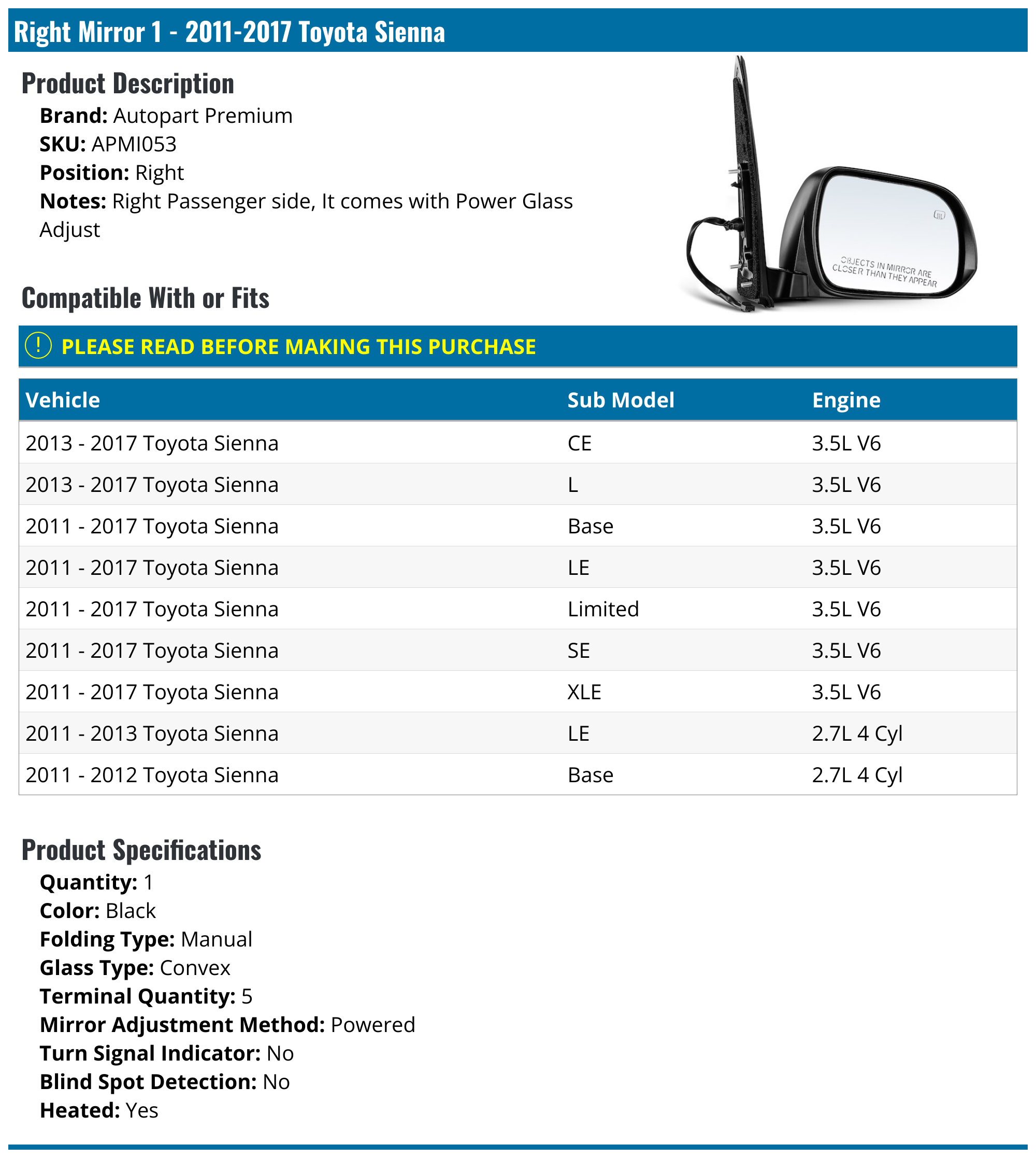 2011-2017 Toyota Sienna Mirror - Autopart Premium APMI053 - Right ...
