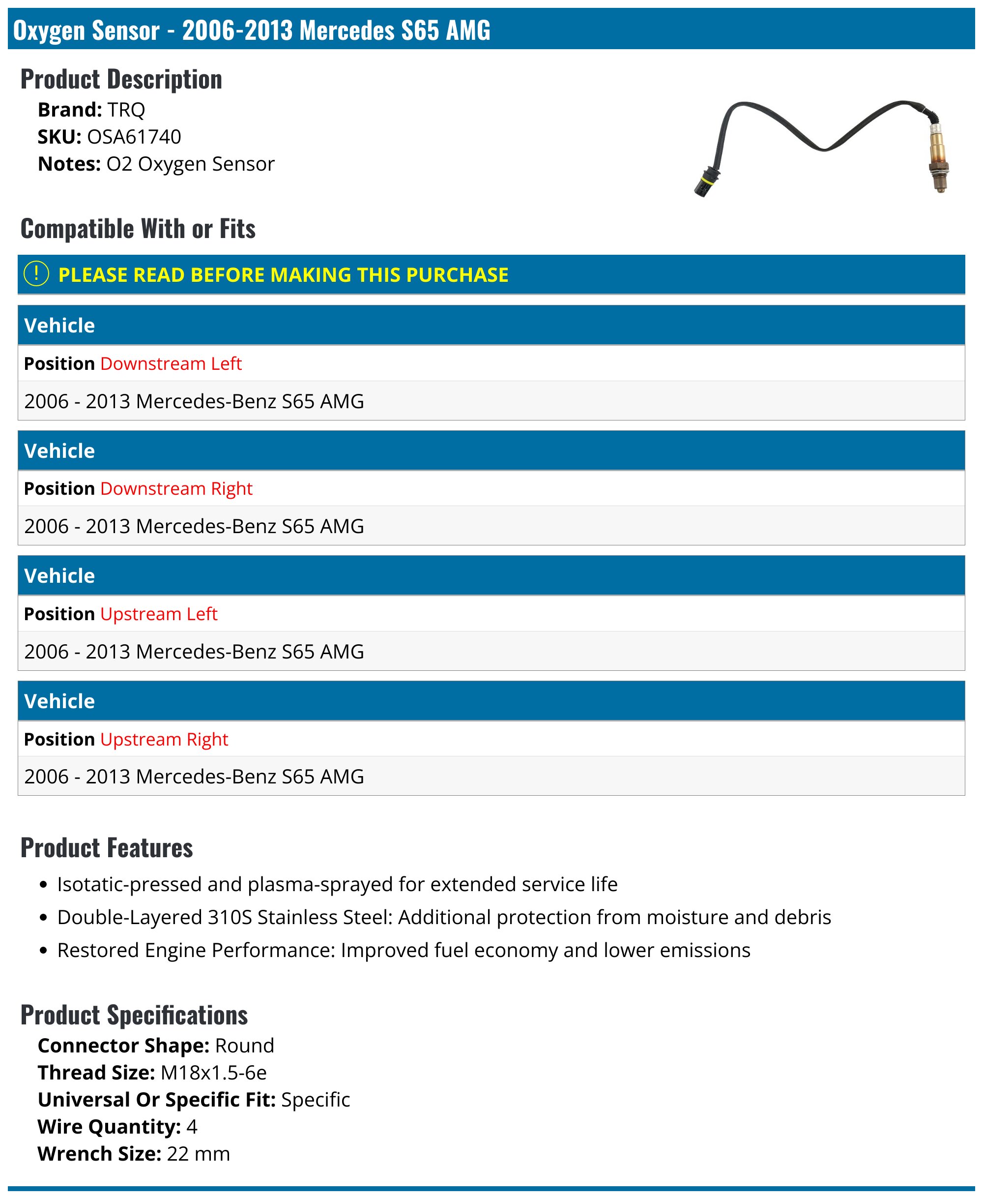 2006-2013 Mercedes S65 AMG Oxygen Sensor - TRQ OSA61740 - Upstream ...