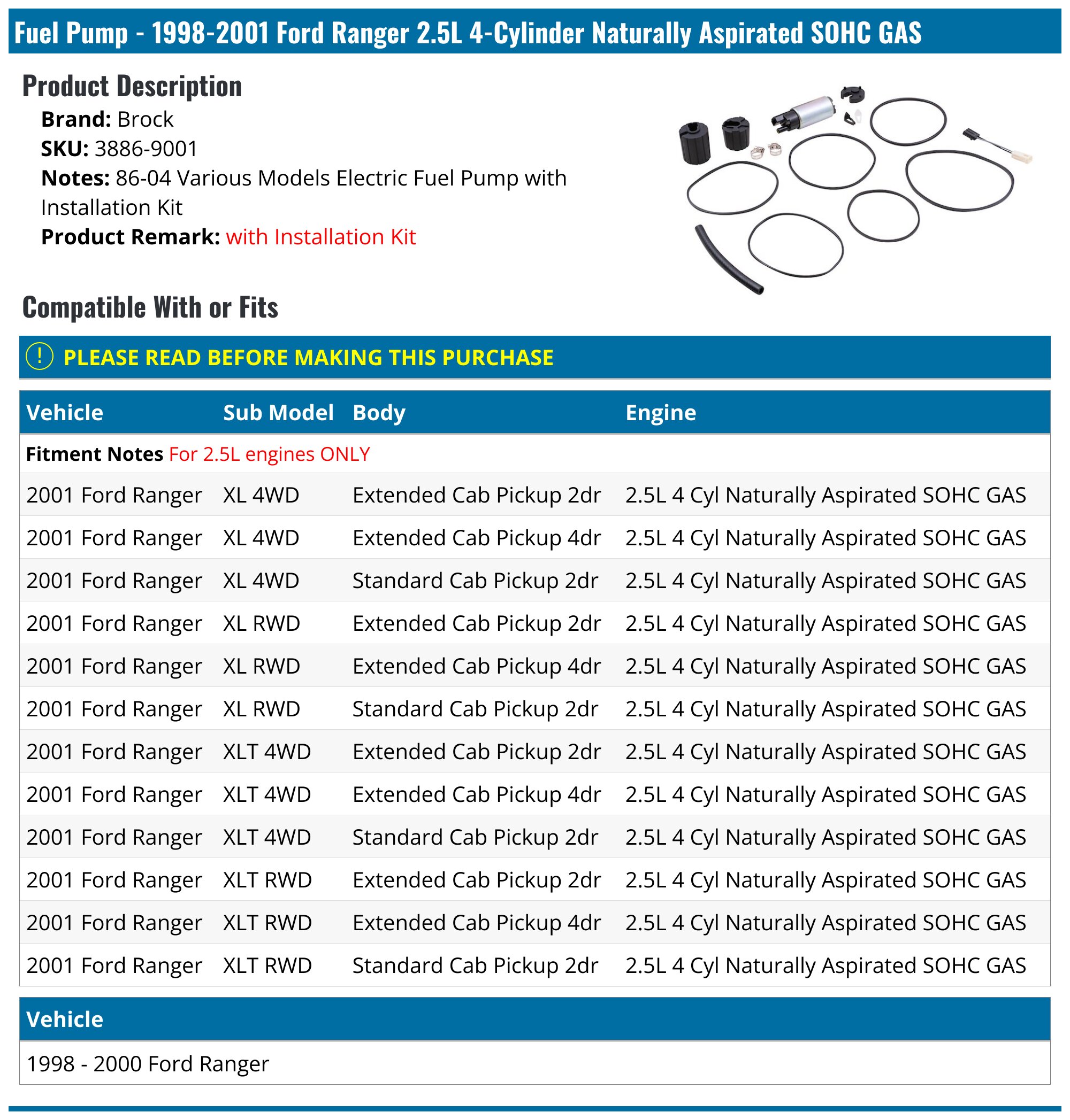 1998-2001 Ford Ranger Fuel Pump - Brock 3886-9001 - PartsGeek.com