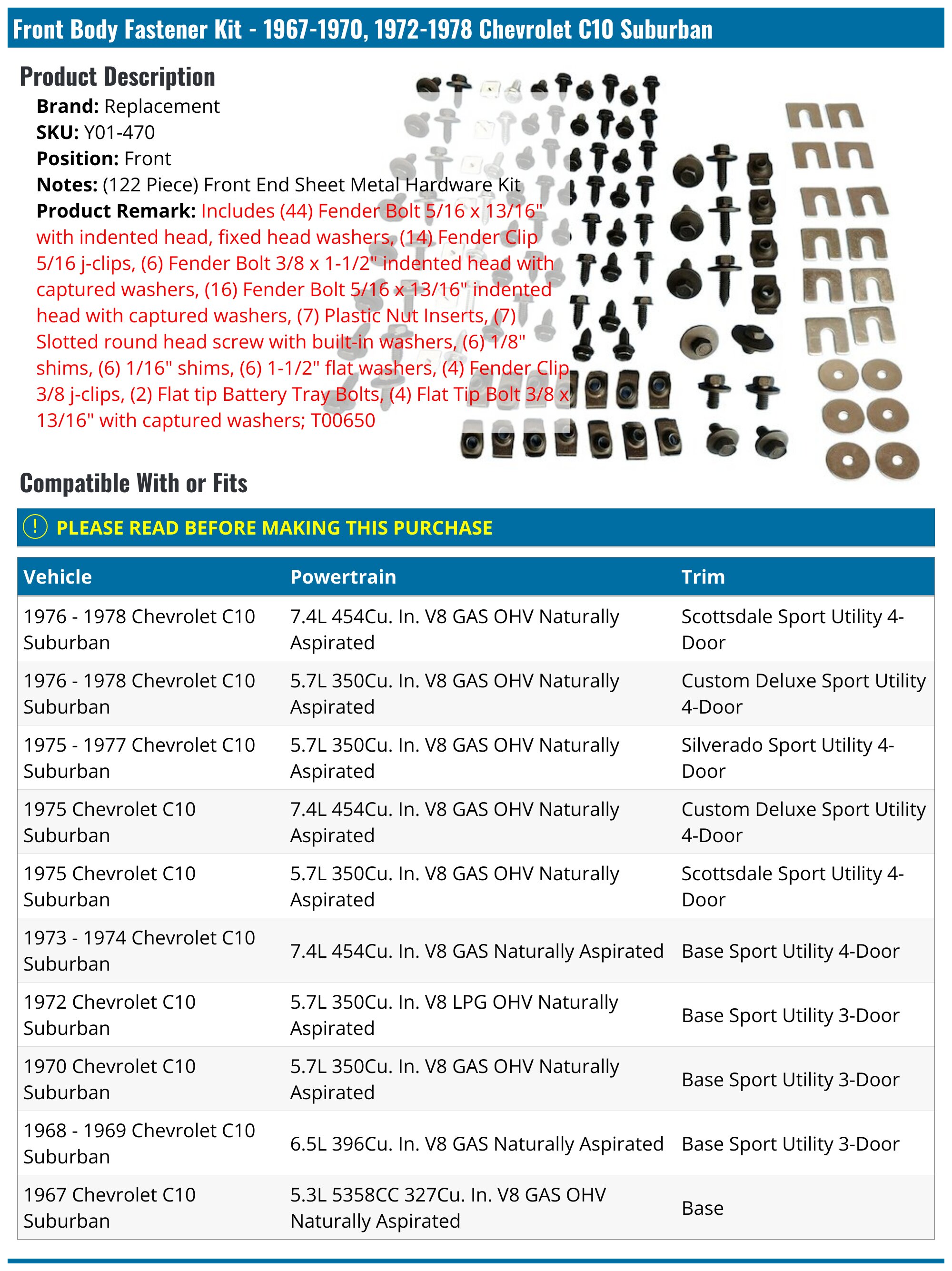 1967-1970, 1972-1978 Chevrolet C10 Suburban Body Fastener Kit ...