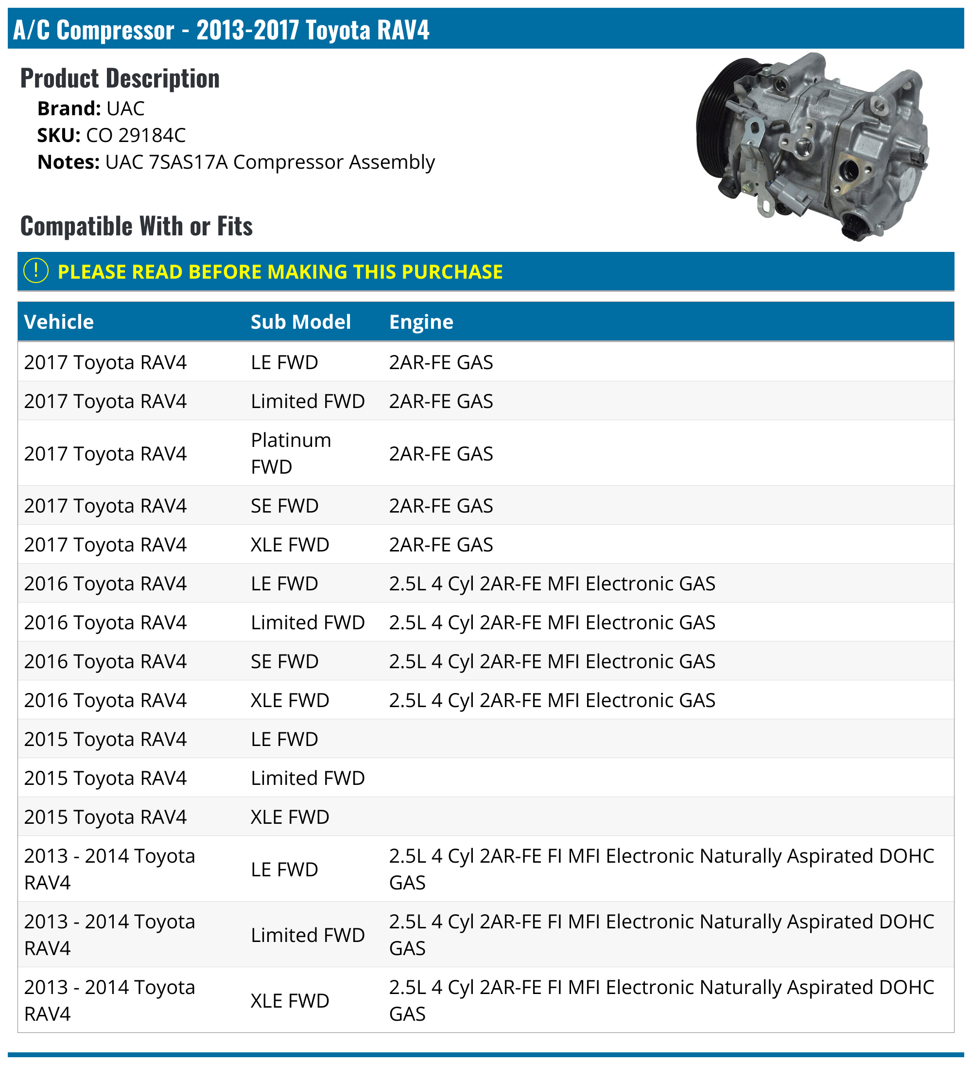 2013-2018 Toyota RAV4 A/C Compressor - UAC CO 29184C - PartsGeek.com