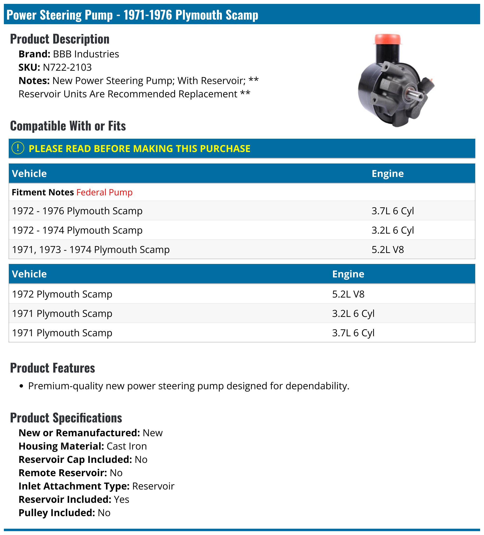 1971-1976 Plymouth Scamp Power Steering Pump - BBB Industries N722-2103 ...