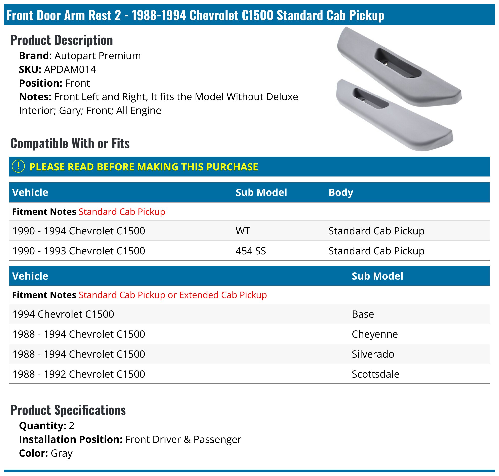 1988-1994 Chevrolet C1500 Door Arm Rest - Autopart Premium APDAM014 ...