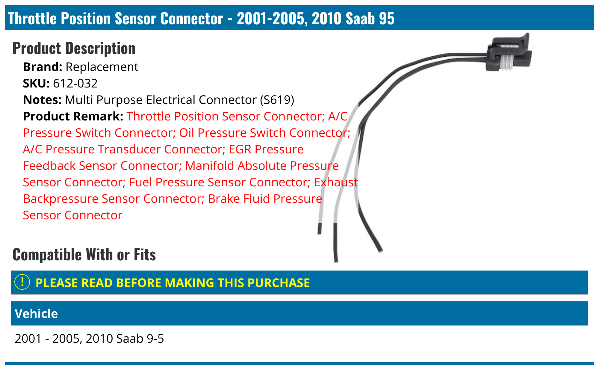 2001-2005, 2010 Saab 95 Throttle Position Sensor Connector ...