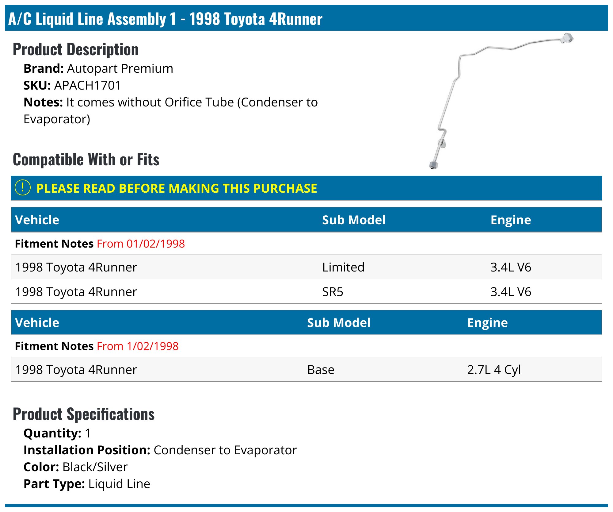 1998 Toyota 4Runner A/C Hose - Autopart Premium APACH1701 - Condenser ...