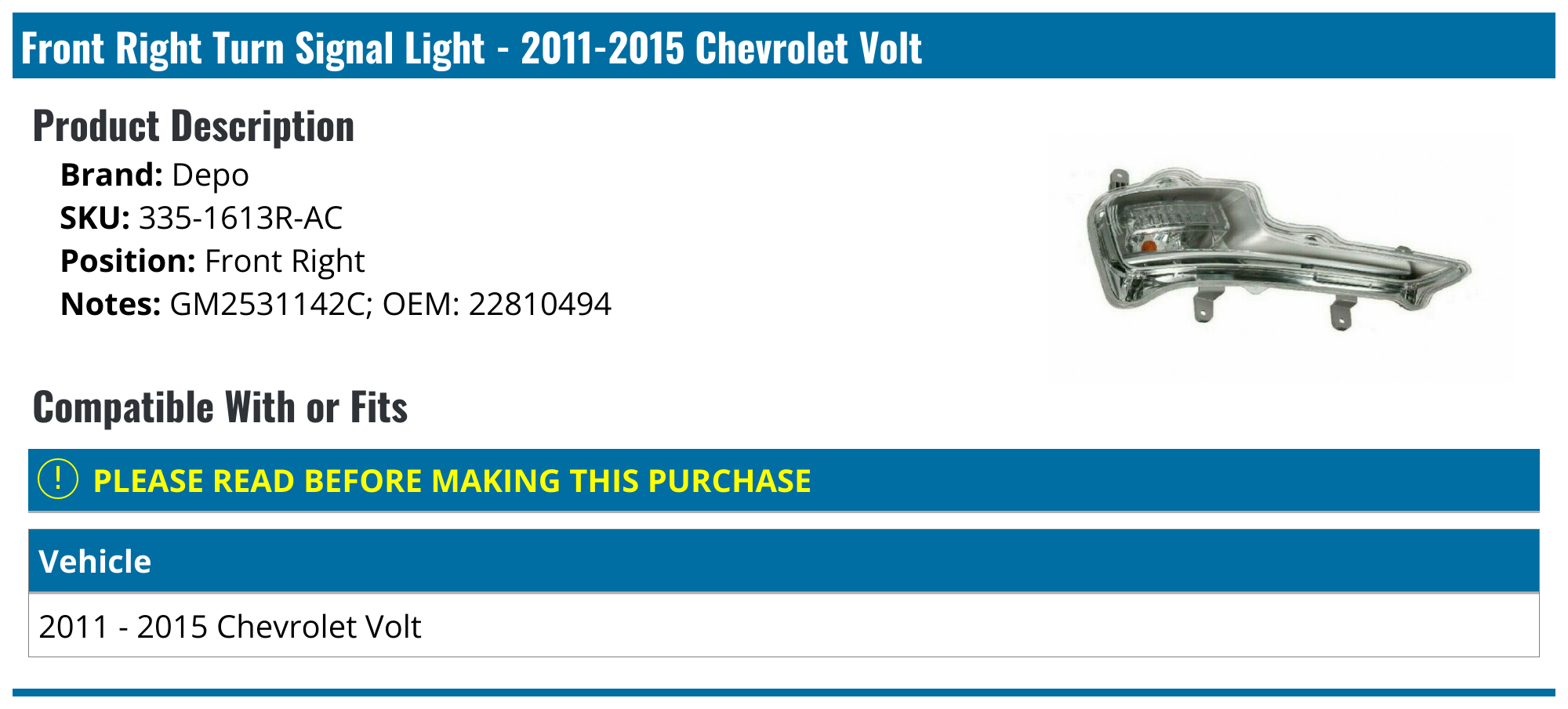2011-2015 Chevrolet Volt Turn Signal Light - Depo 335-1613R-AC - Front ...