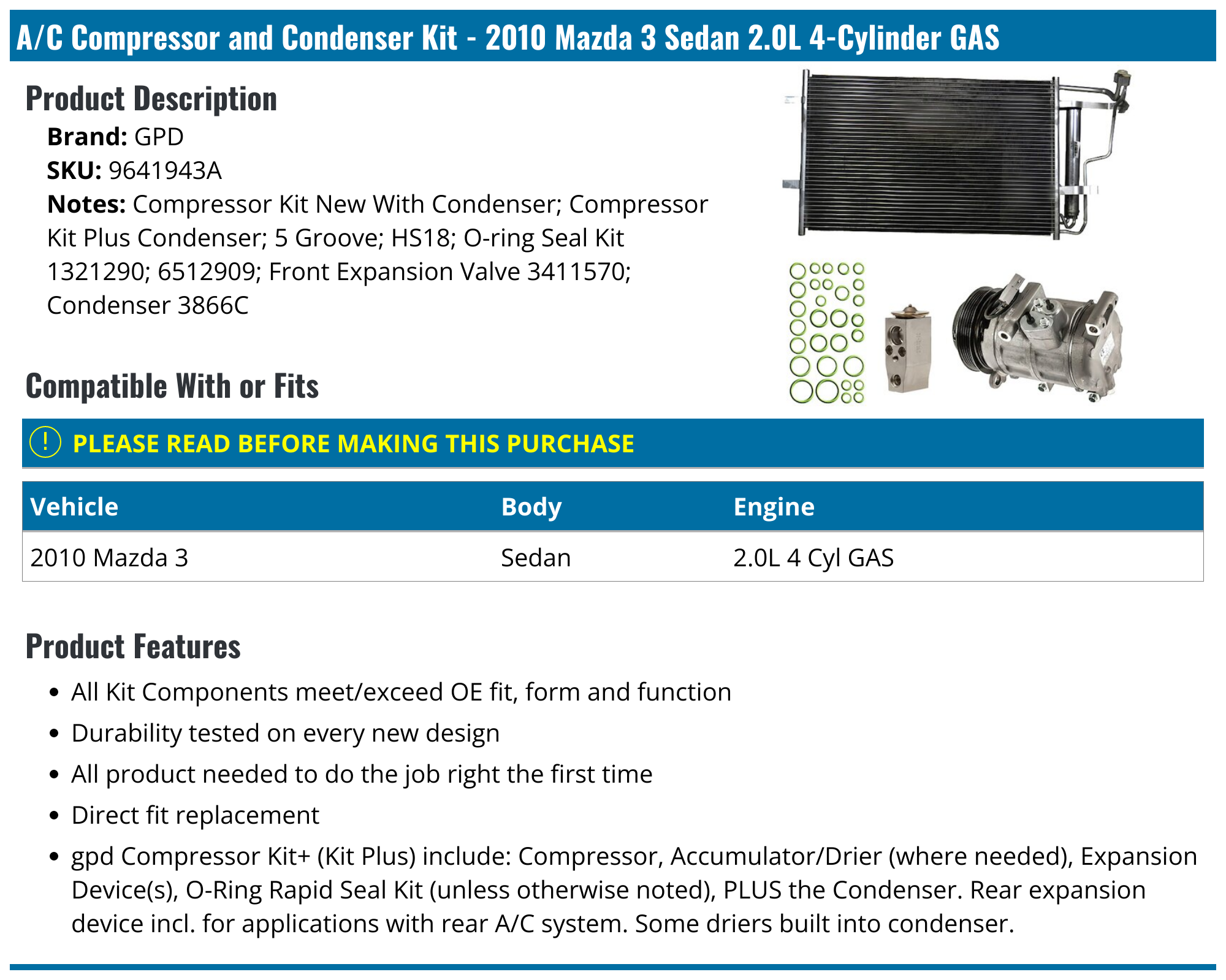2010 Mazda 3 A/C Compressor - GPD 9641943A - PartsGeek.com