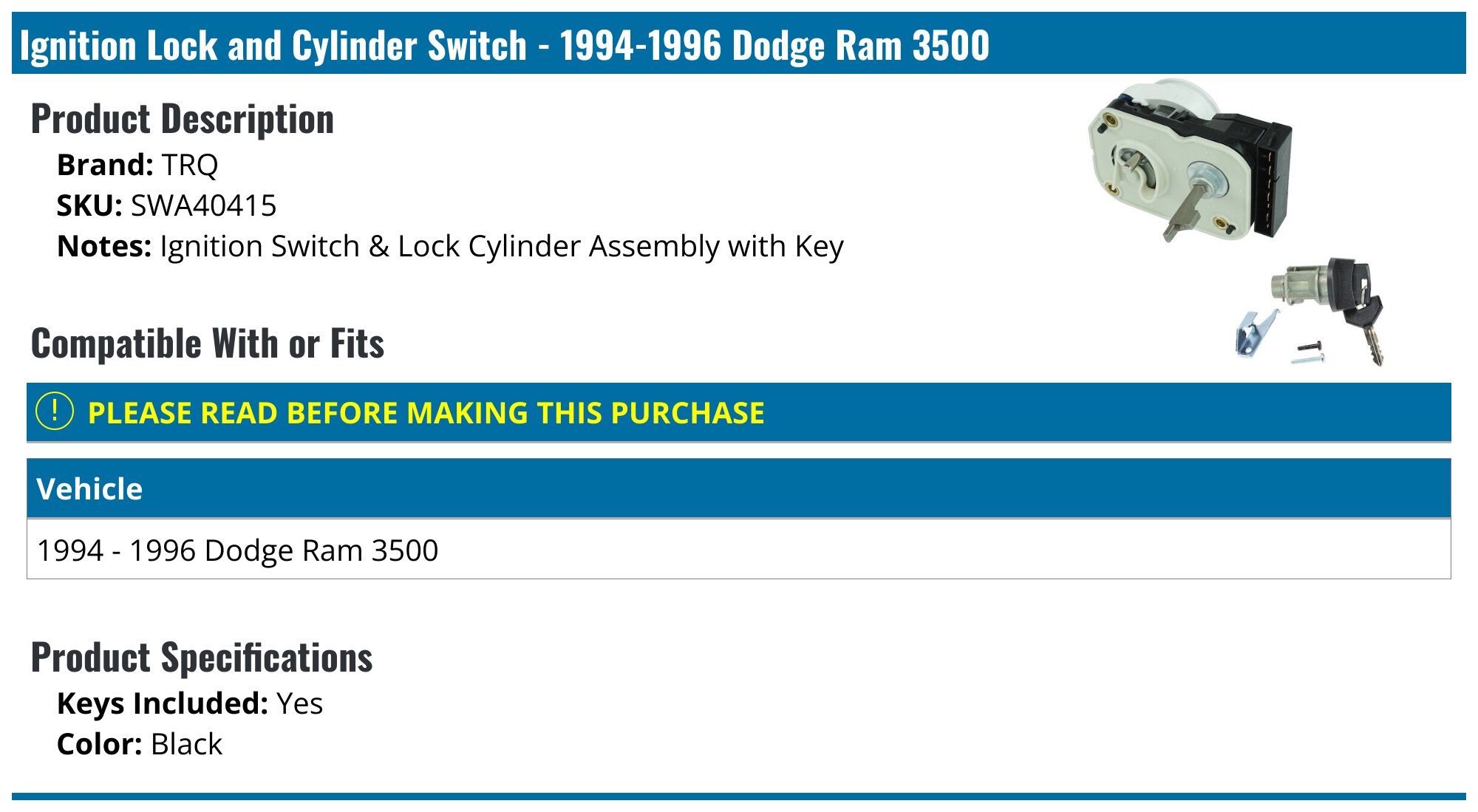 1994-1996 Dodge Ram 3500 Ignition Switch - TRQ SWA40415 - PartsGeek.com