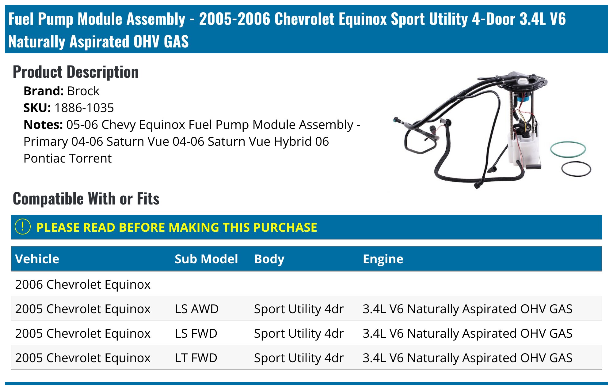 2005-2006 Chevrolet Equinox Fuel Pump - Brock 1886-1035 - PartsGeek.com