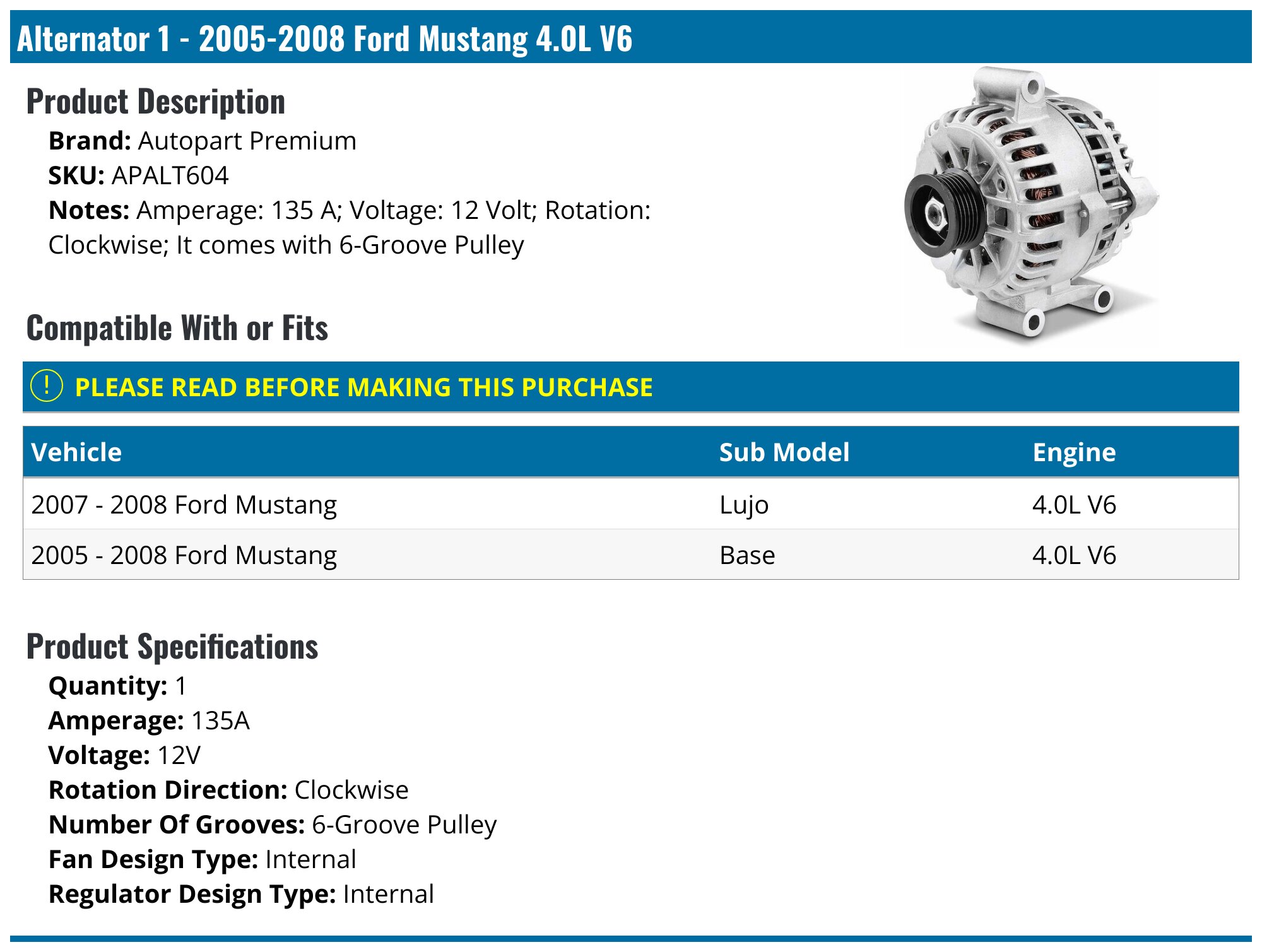 2005-2008 Ford Mustang Alternator - Autopart Premium APALT604 ...