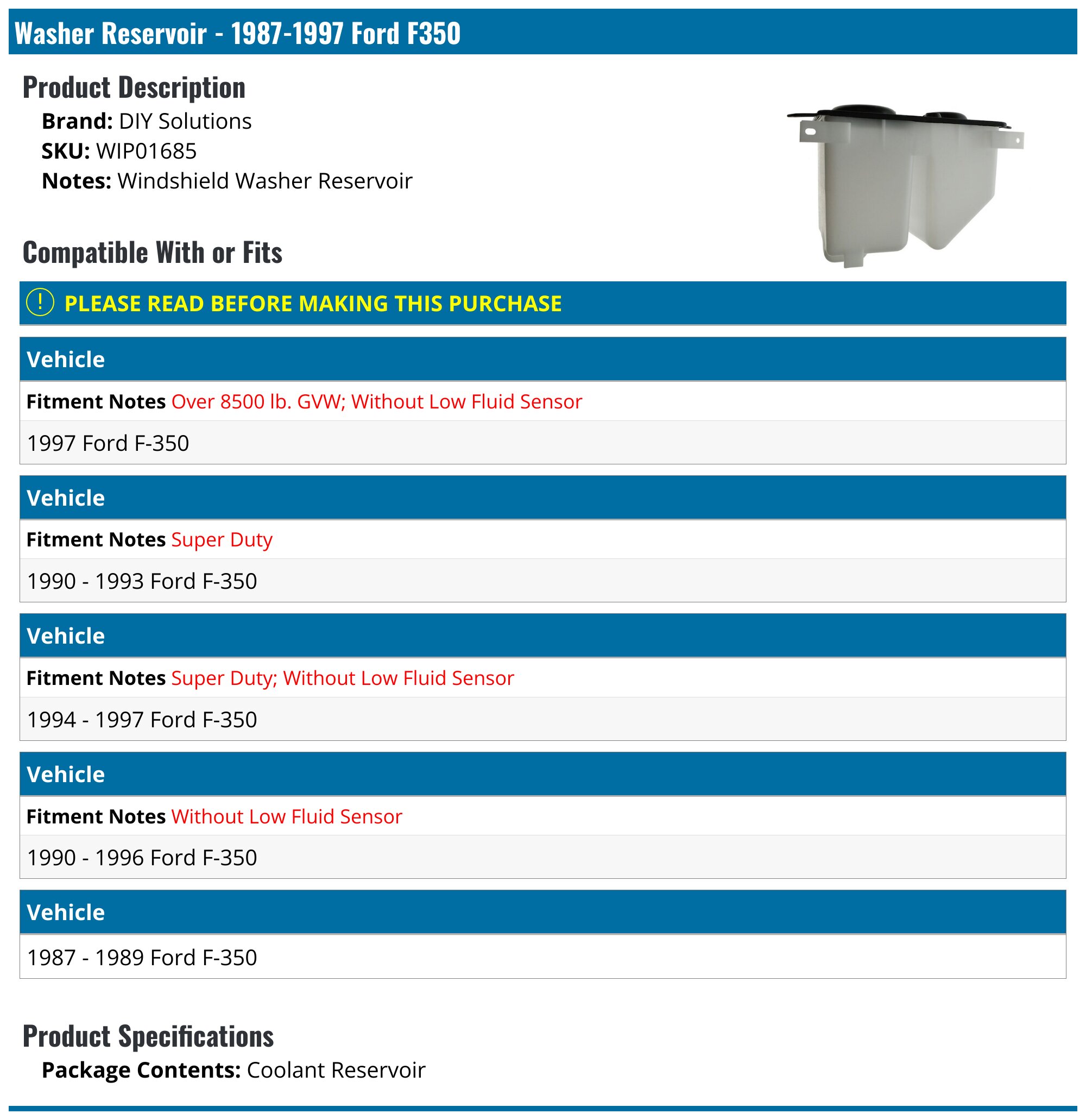 1987-1997 Ford F350 Windshield Washer Tank - DIY Solutions WIP01685 ...